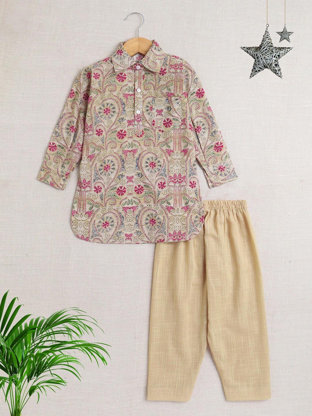 Buy The Magic Wand Boys Floral Printed Regular Pure Cotton Kurta With ...