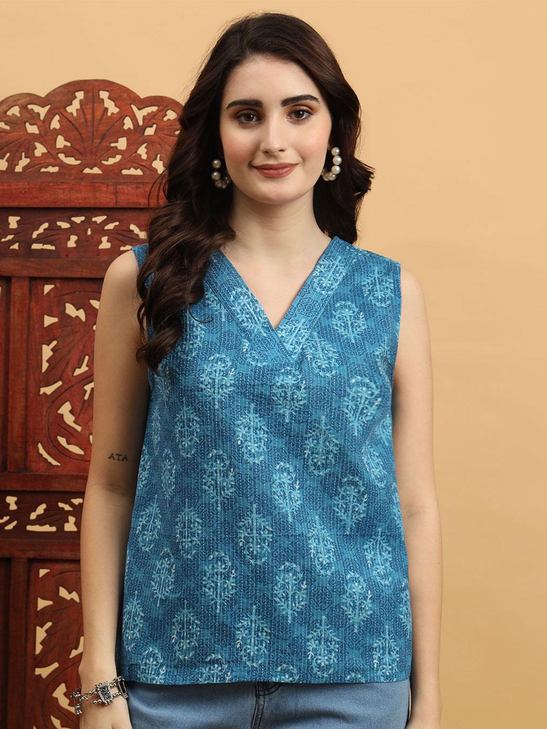 Buy Anouk Rustic Ethnic Motifs Printed V Neck Cotton Short Kurti ...