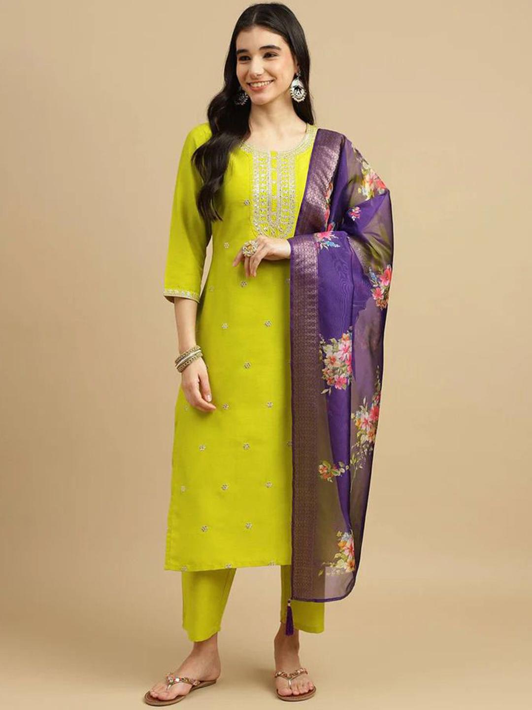 Buy PARNAVI Floral Embroidered Kurta With Trousers & Dupatta - Kurta ...