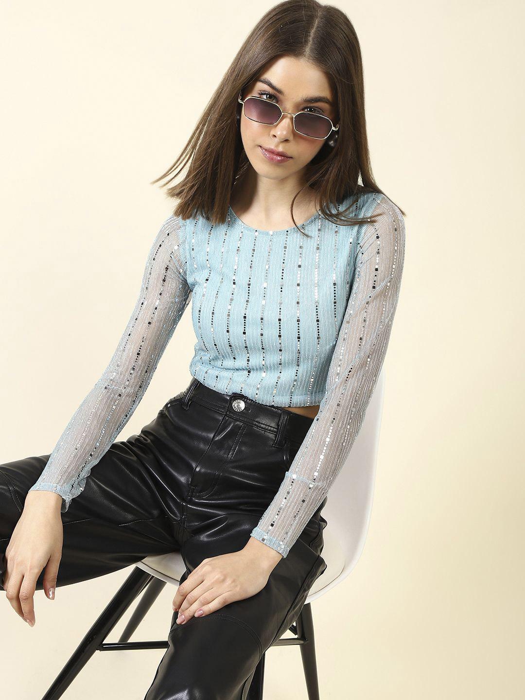 Buy StyleCast X SERA Embellished Net Crop Top With Vertical Stripes ...