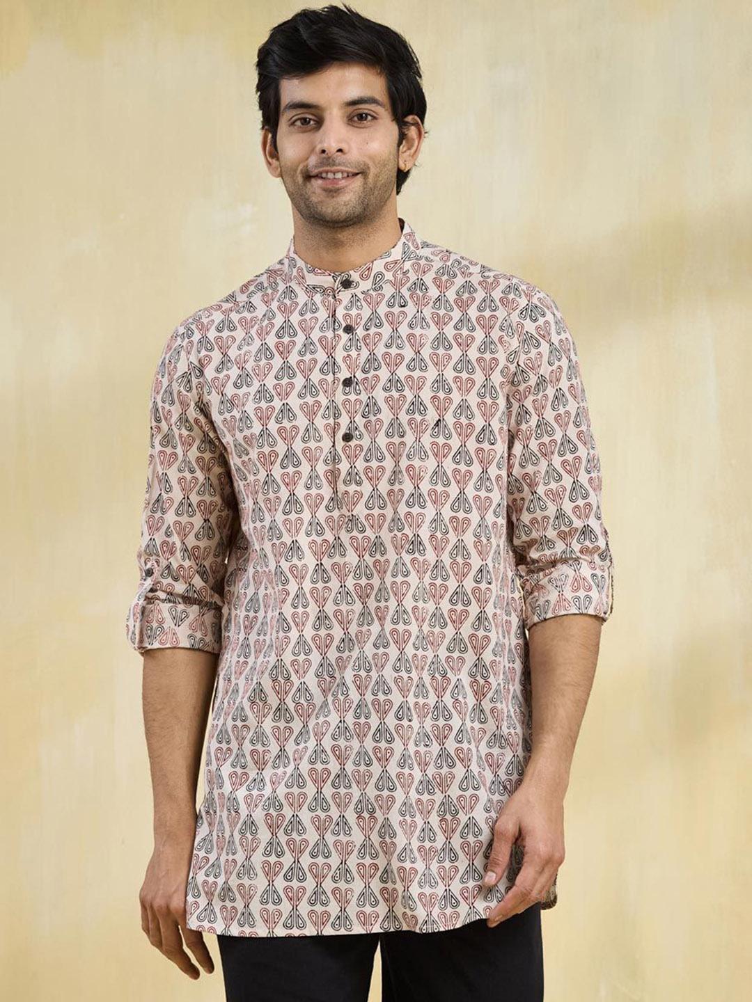 Buy Fabindia Men Ethnic Motifs Printed Band Collar Bagh Printed Cotton ...