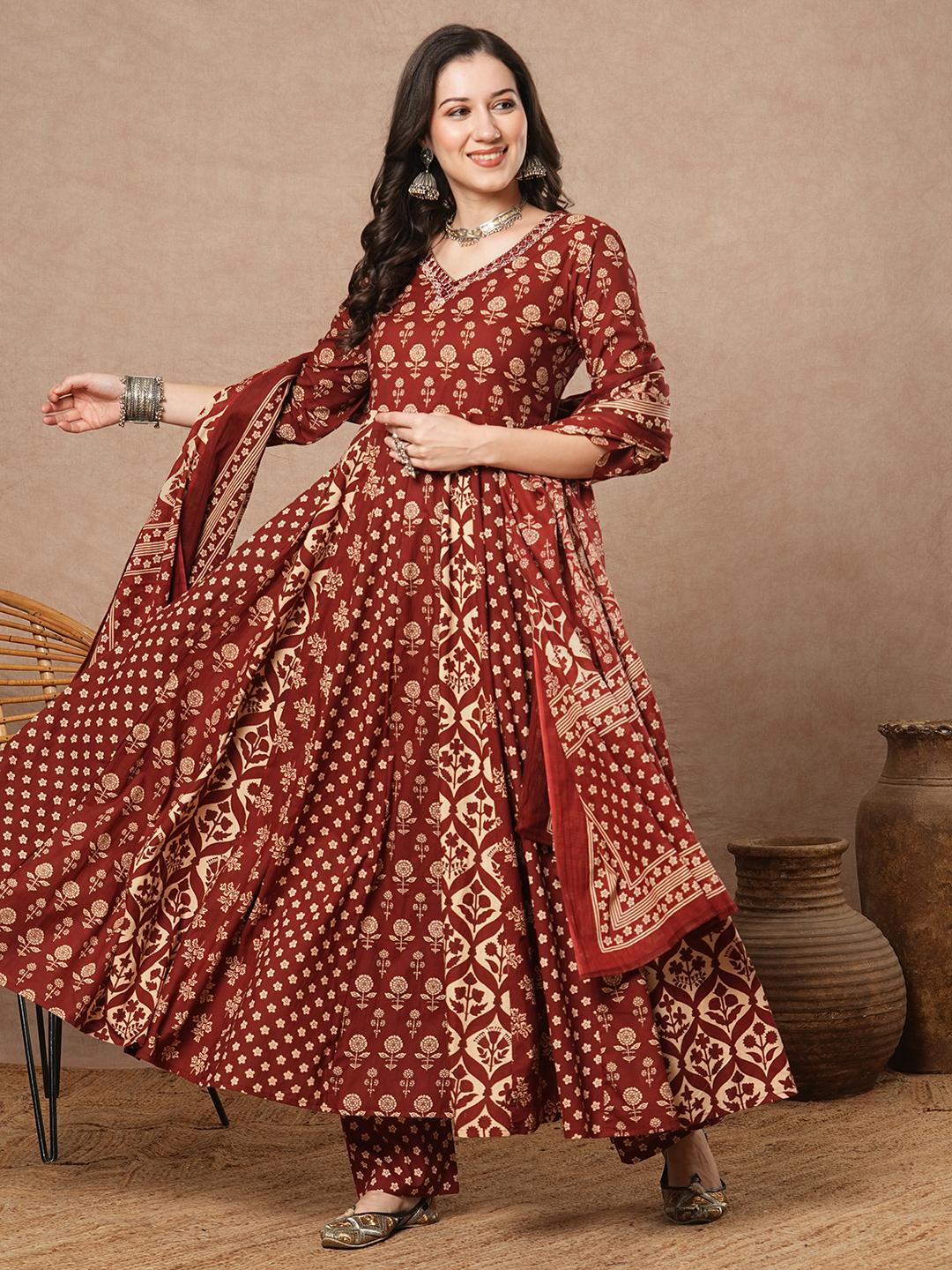 Buy FASHOR Women Ethnic Motifs Printed Panelled Mirror Work Pure Cotton ...