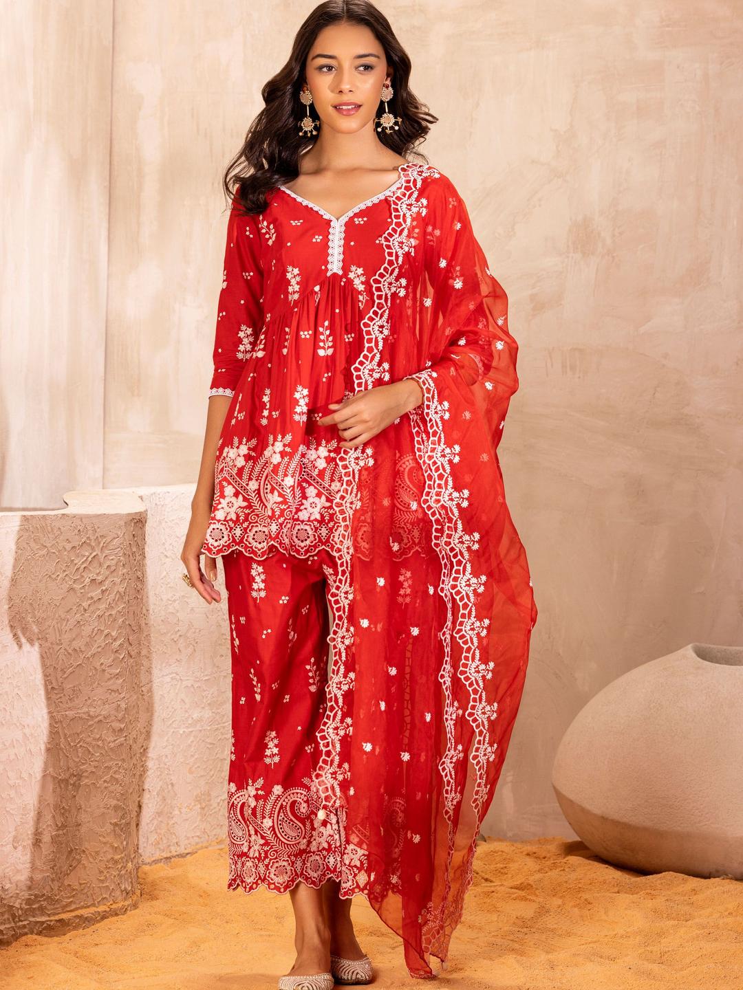 Buy SEW Floral Embroidered Thread Work Empire Pure Cotton A Line Kurti ...