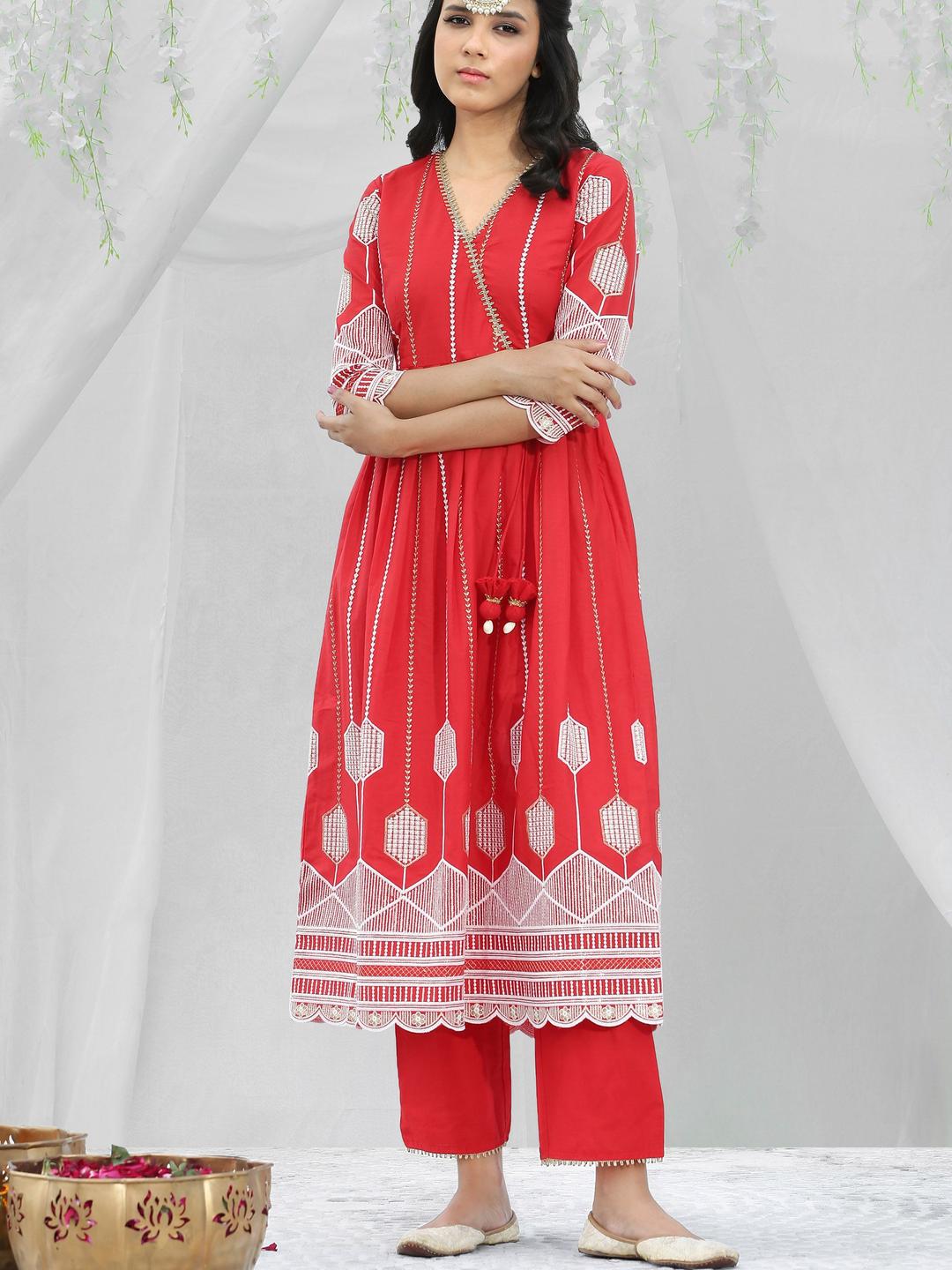 Buy SEW Geometric Embroidered Angrakha Pure Cotton Kurta With Trouser ...