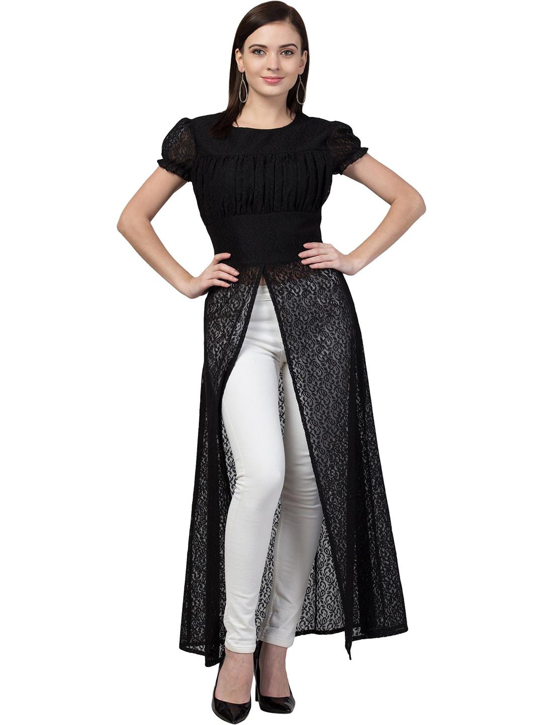 Buy Sash Puff Sleeve Sheer Lace Maxi Longline Top - Tops for Women ...
