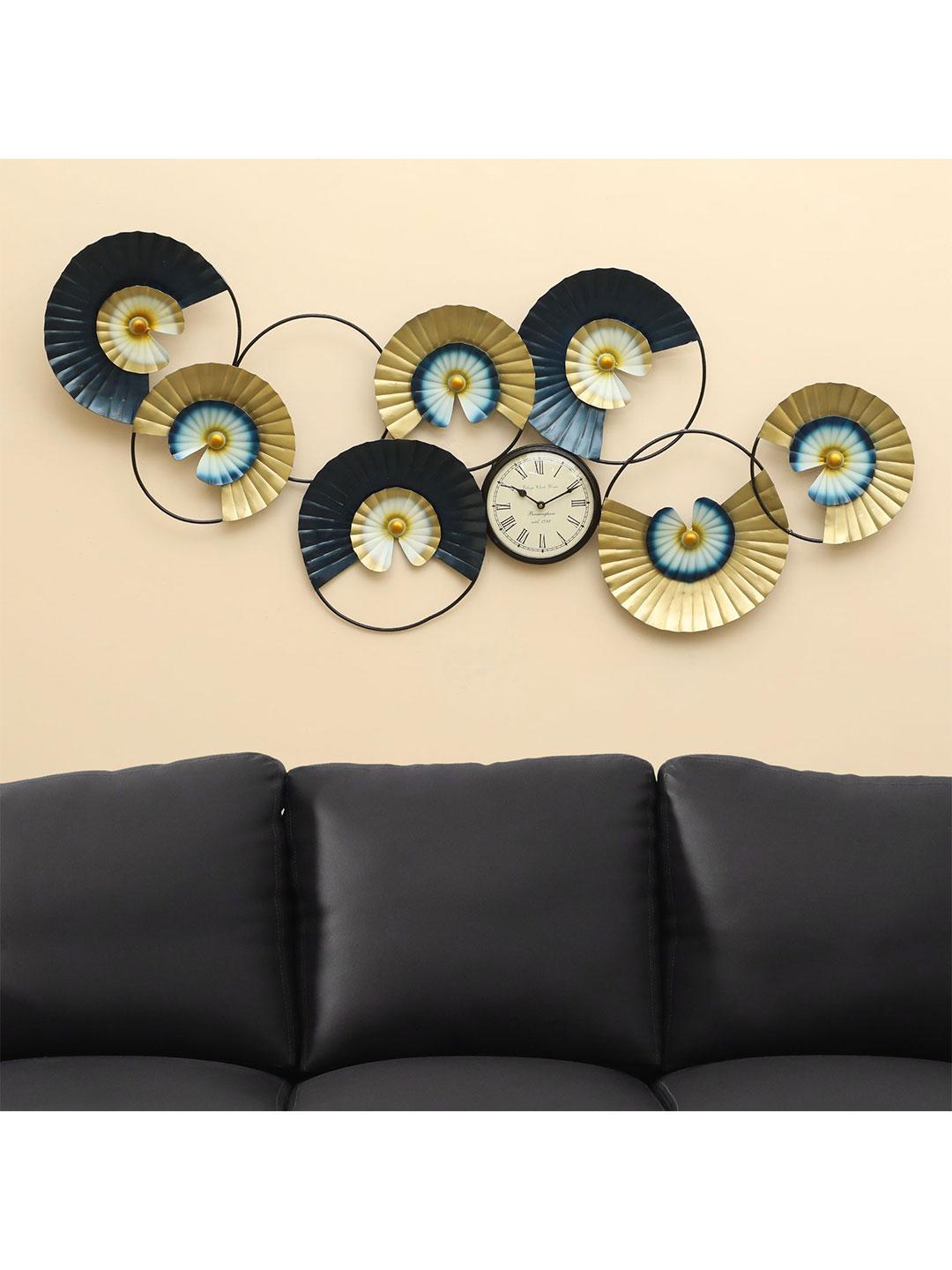 Buy Vedas Blue & Gold Toned Levan Abstract Circle Wall Dcor With Clock ...