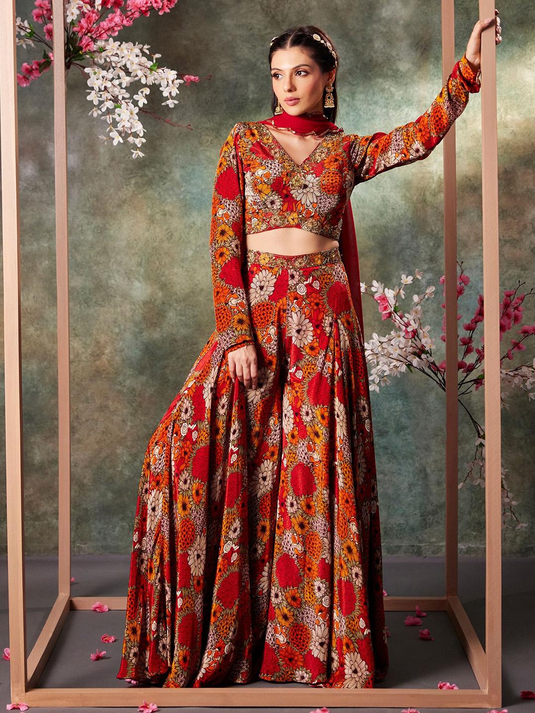Buy Mehak Murpana Printed V Neck Pure Silk Top With Palazzo & Dupatta ...