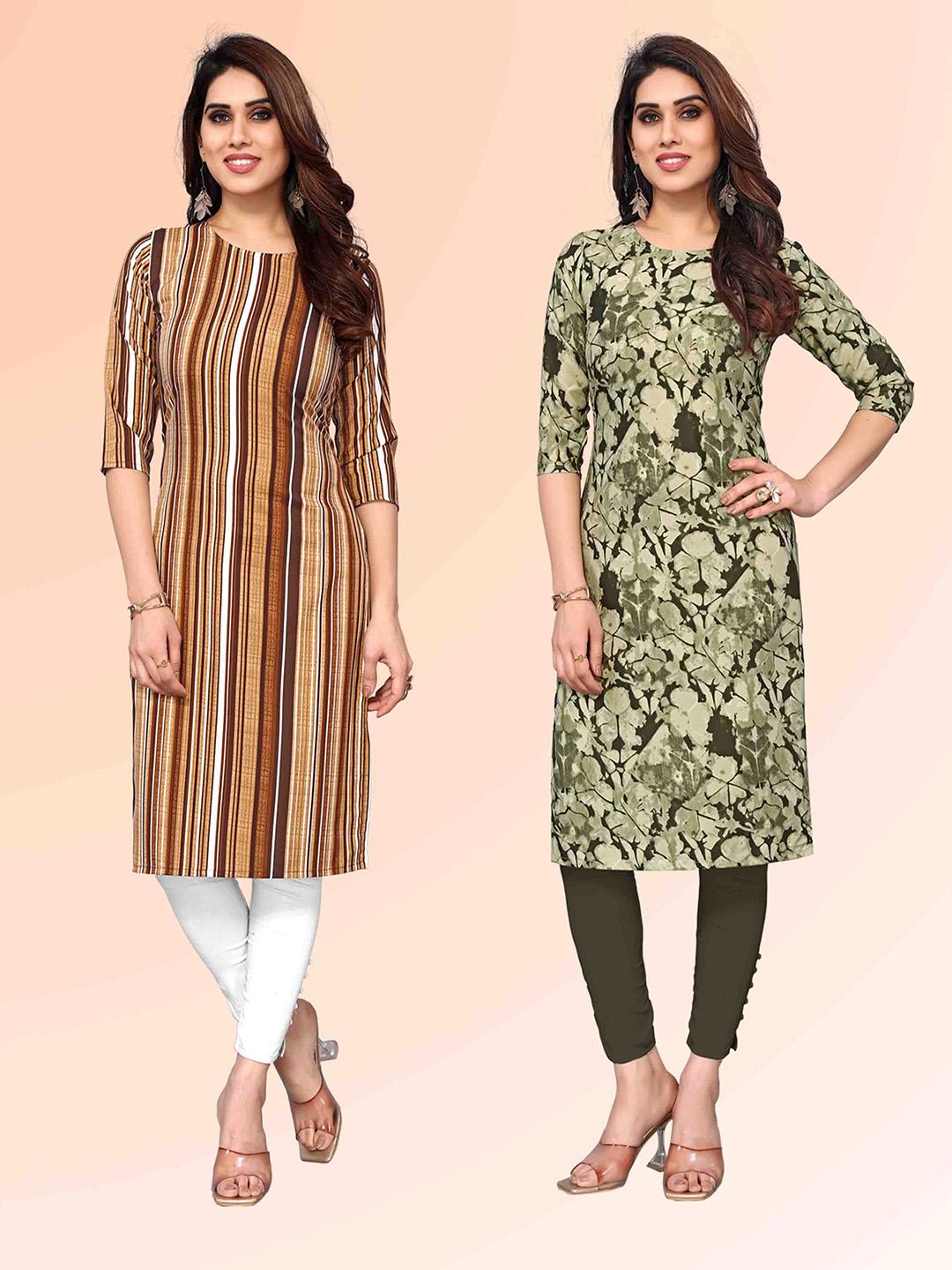 Buy KETAKI FASHION Selection Of 2 Striped Round Neck Straight Kurtis ...