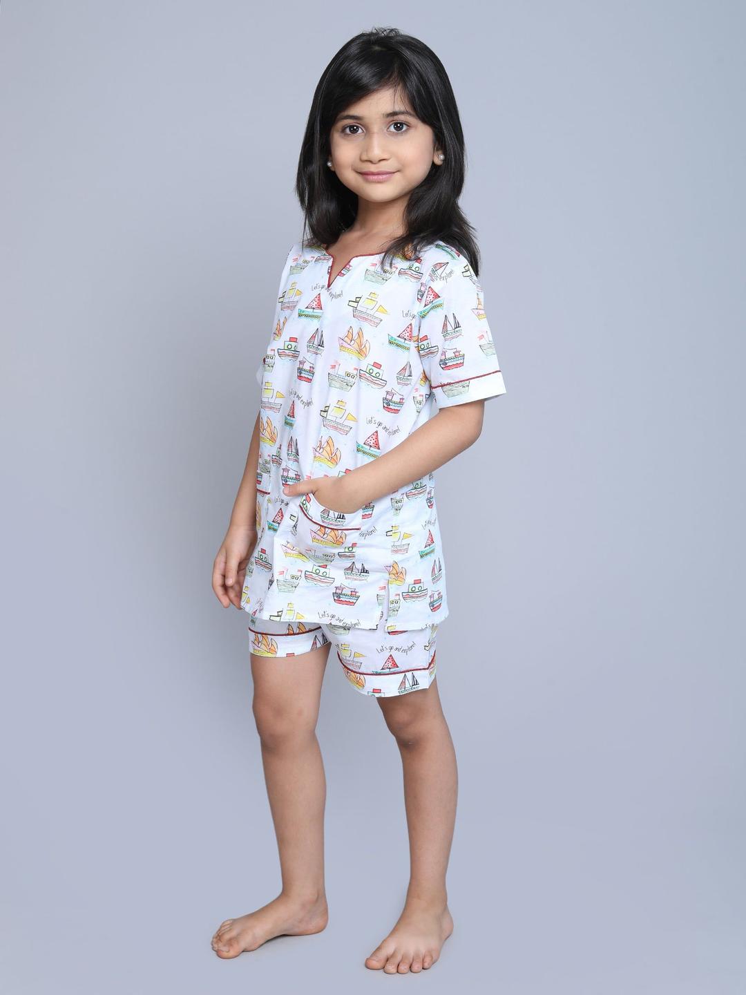 Buy Little Clothings Girls Pure Cotton Ship Printed Night Suits - Night ...