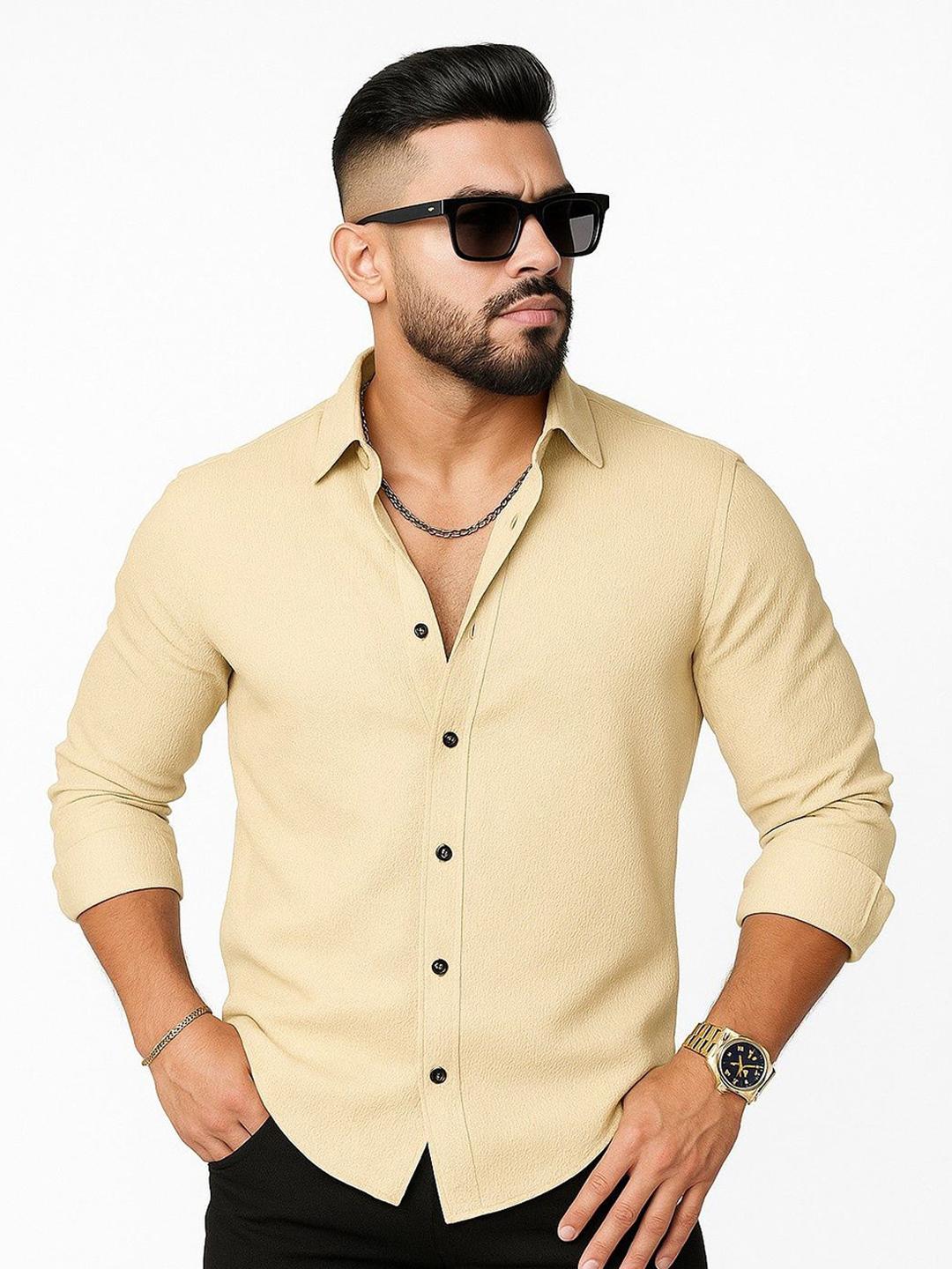 Buy KHUSHI CREATION Men Original Slim Fit Textured Spread Collar Casual ...