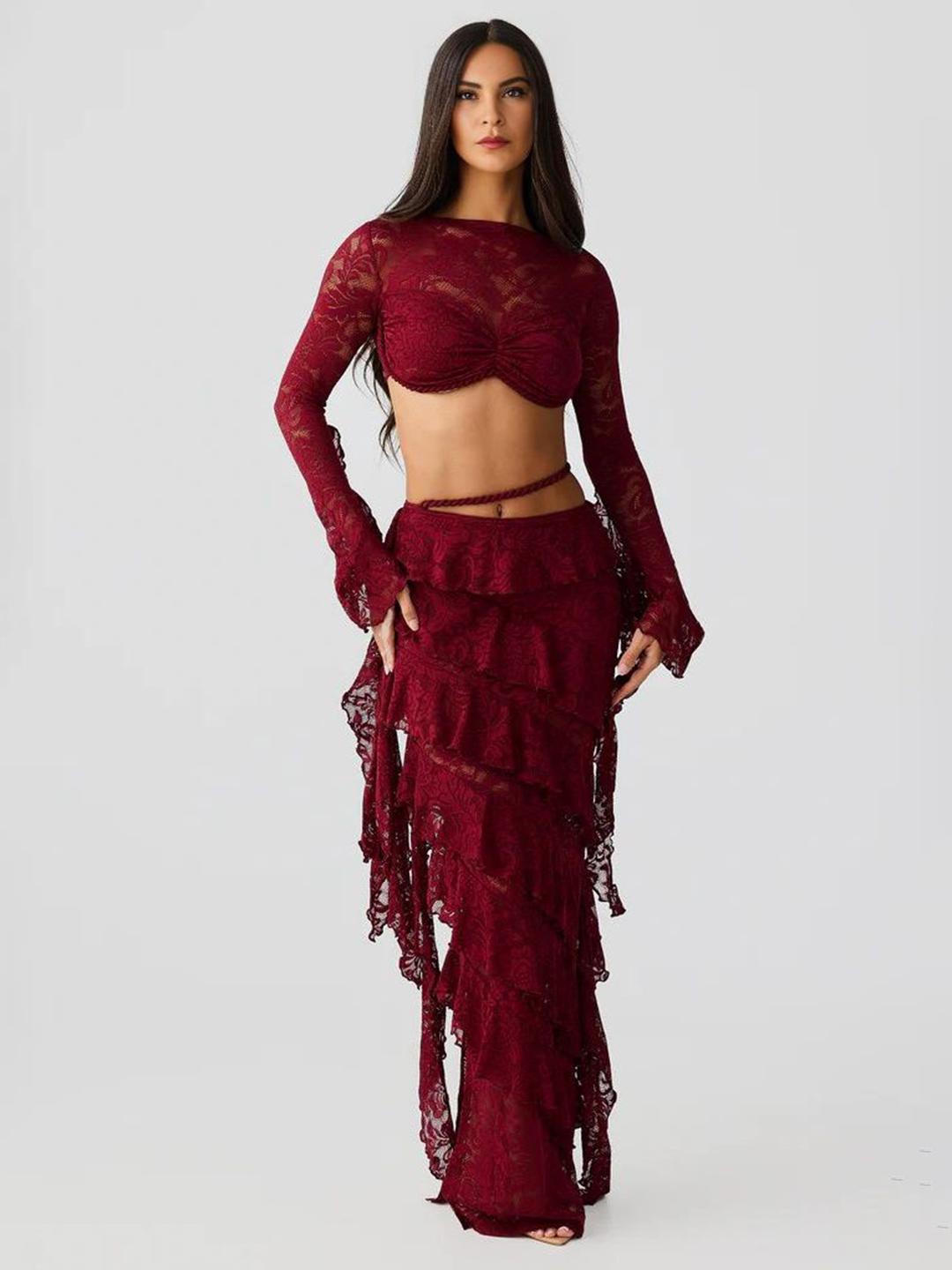 Buy Bee Boe Women Bee Solara Isla Red Lace Flared Sleeves Crop Top ...