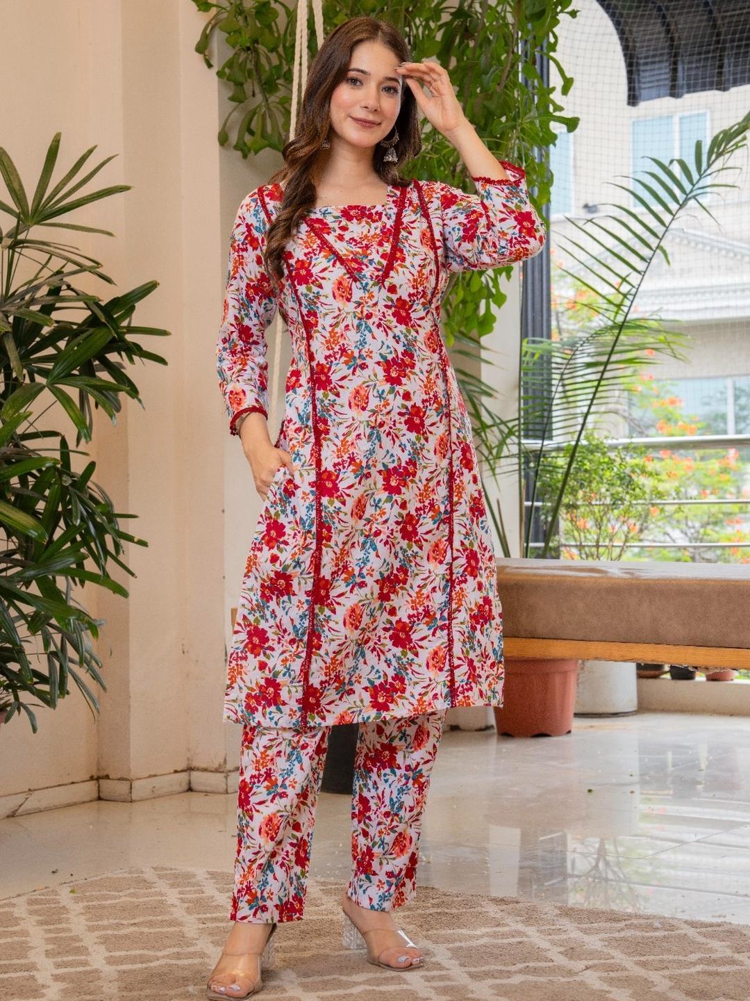 Buy KJFAB Floral Printed V Neck Pure Cotton Kurta With Trousers - Kurta ...