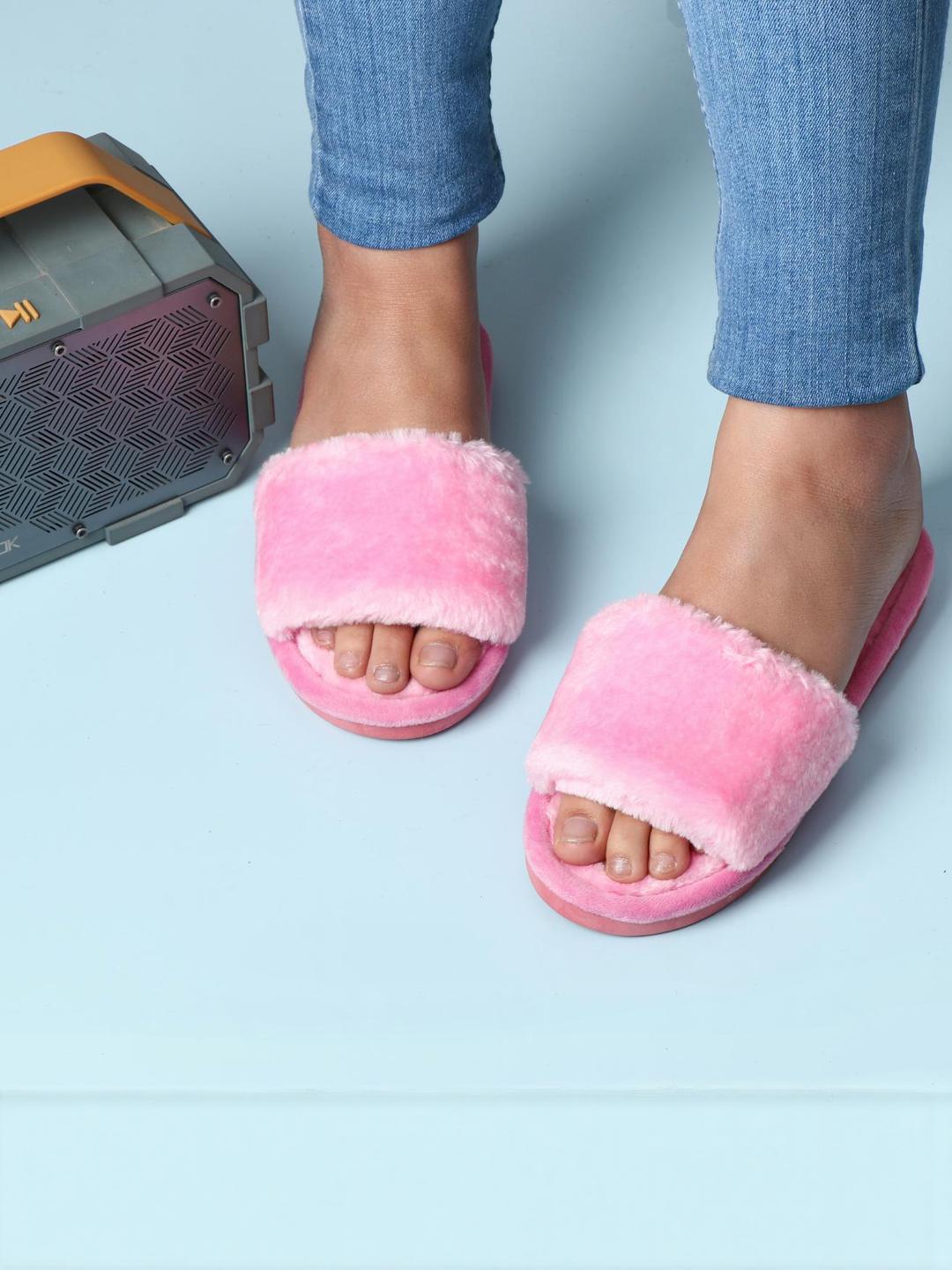 Buy Drunken Women Winter Fur Pink Sliders - Flip Flops for Women ...