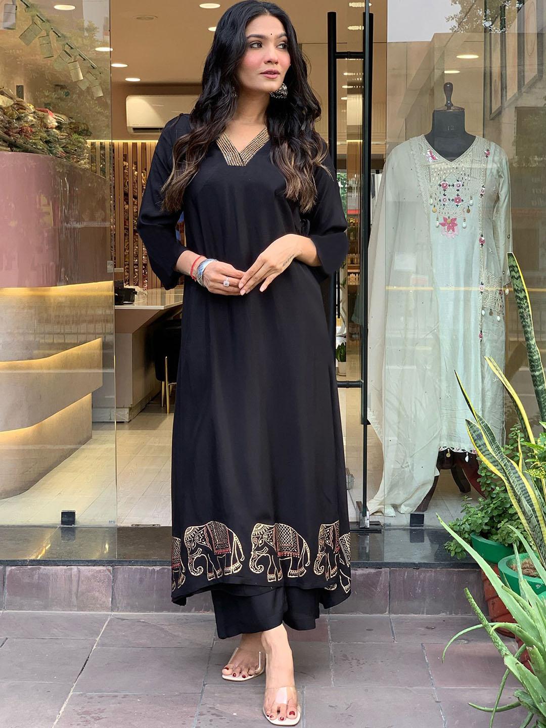 Buy KERI PERRY Women Animal Embroidered A Line Kurta With Palazzos ...