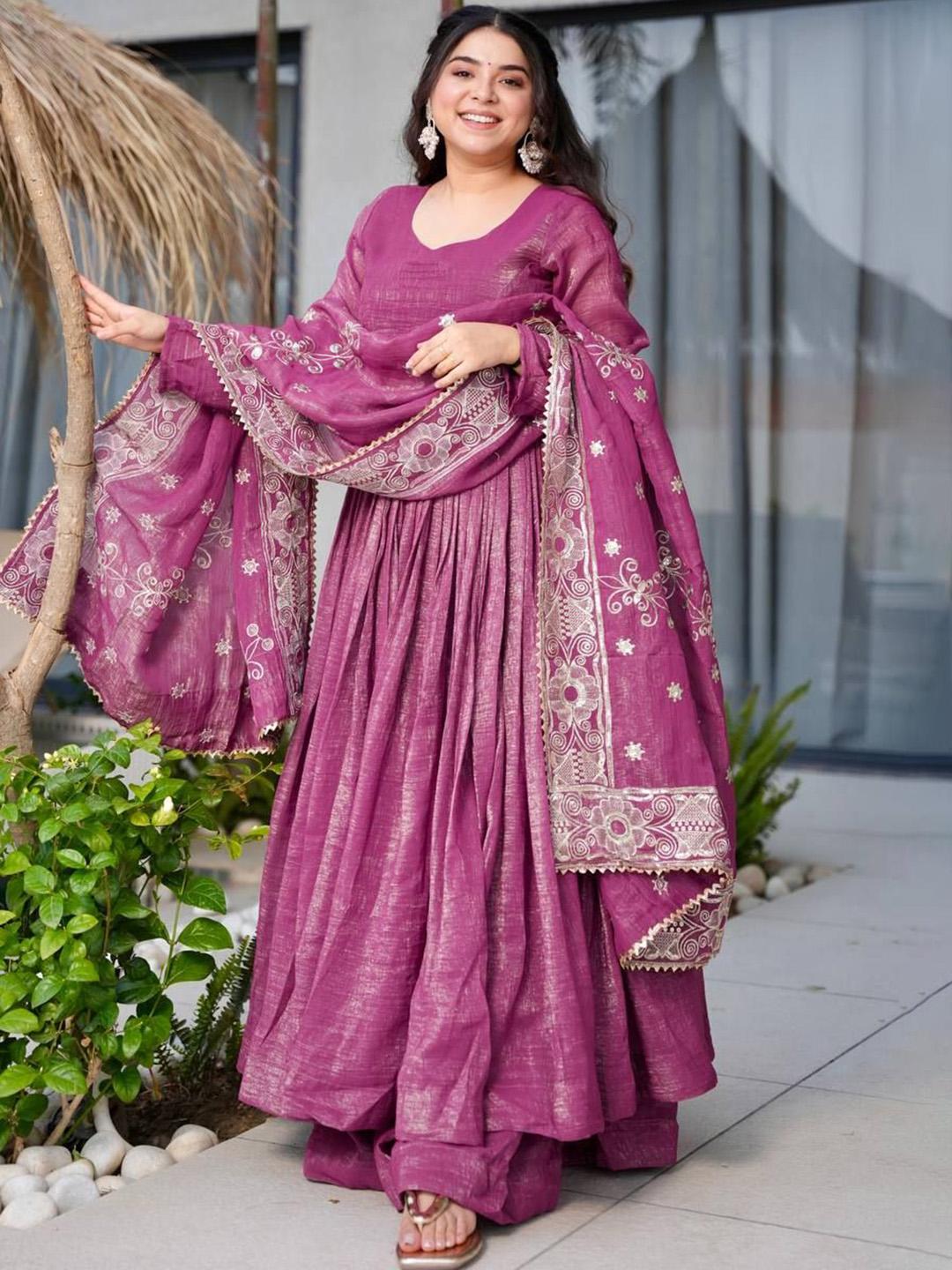 Buy CRAFTLE Round Neck Gotta Patti Chanderi Cotton Anarkali Kurta With Sharara & Dupatta - Kurta ...