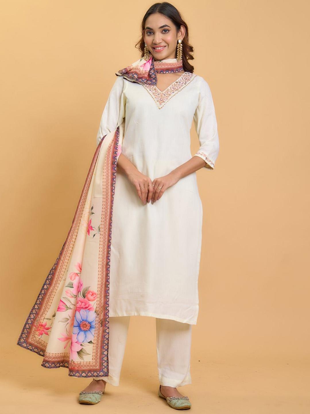 Buy Vastukala Women Solid Embroidered Kurta With Trousers & Dupatta ...