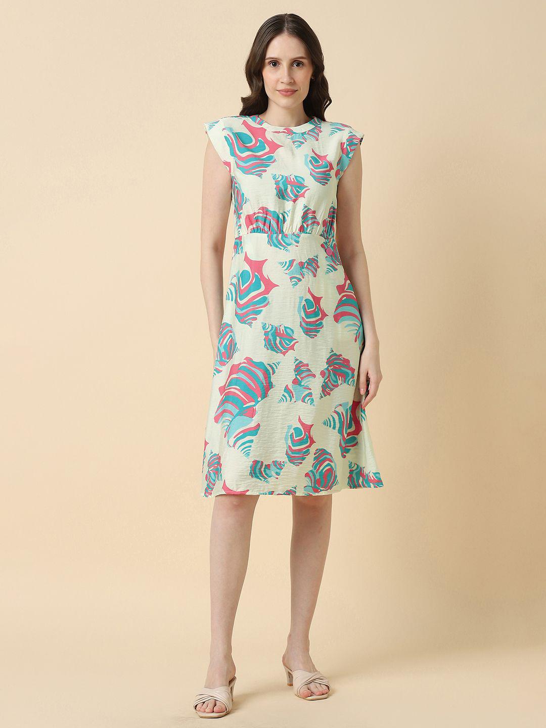 Buy Allen Solly Woman Abstract Printed Cap Sleeves Fit And Flare Knee ...