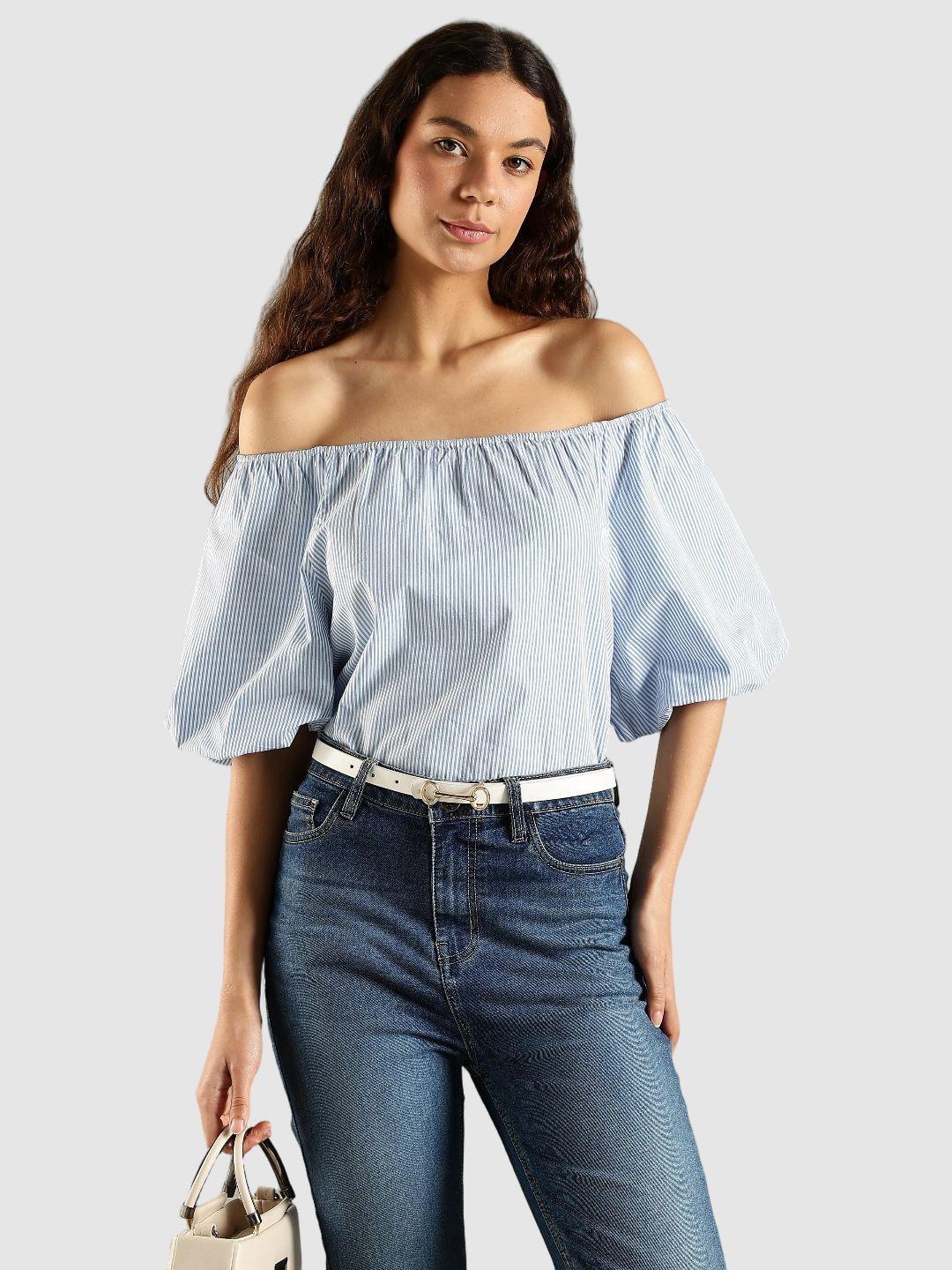 Buy Tommy Hilfiger Women Off Shoulder Puff Sleeve Cotton Bardot Top ...
