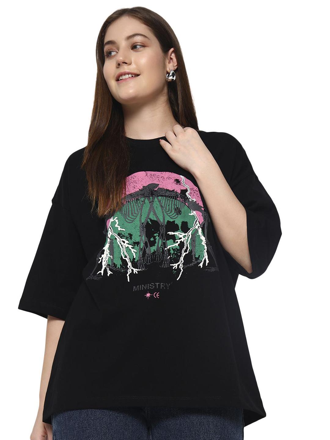 Buy Ministry Women Graphic Printed Round Neck Pure Cotton Oversized T ...