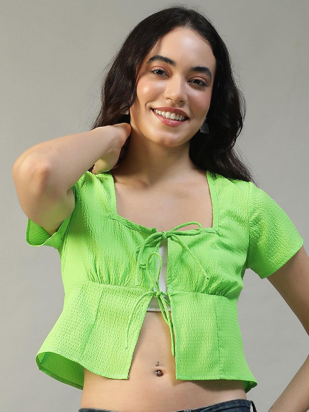 Buy Oxolloxo Women Dobby Self Design Tie Up Crop Top - Tops for Women ...