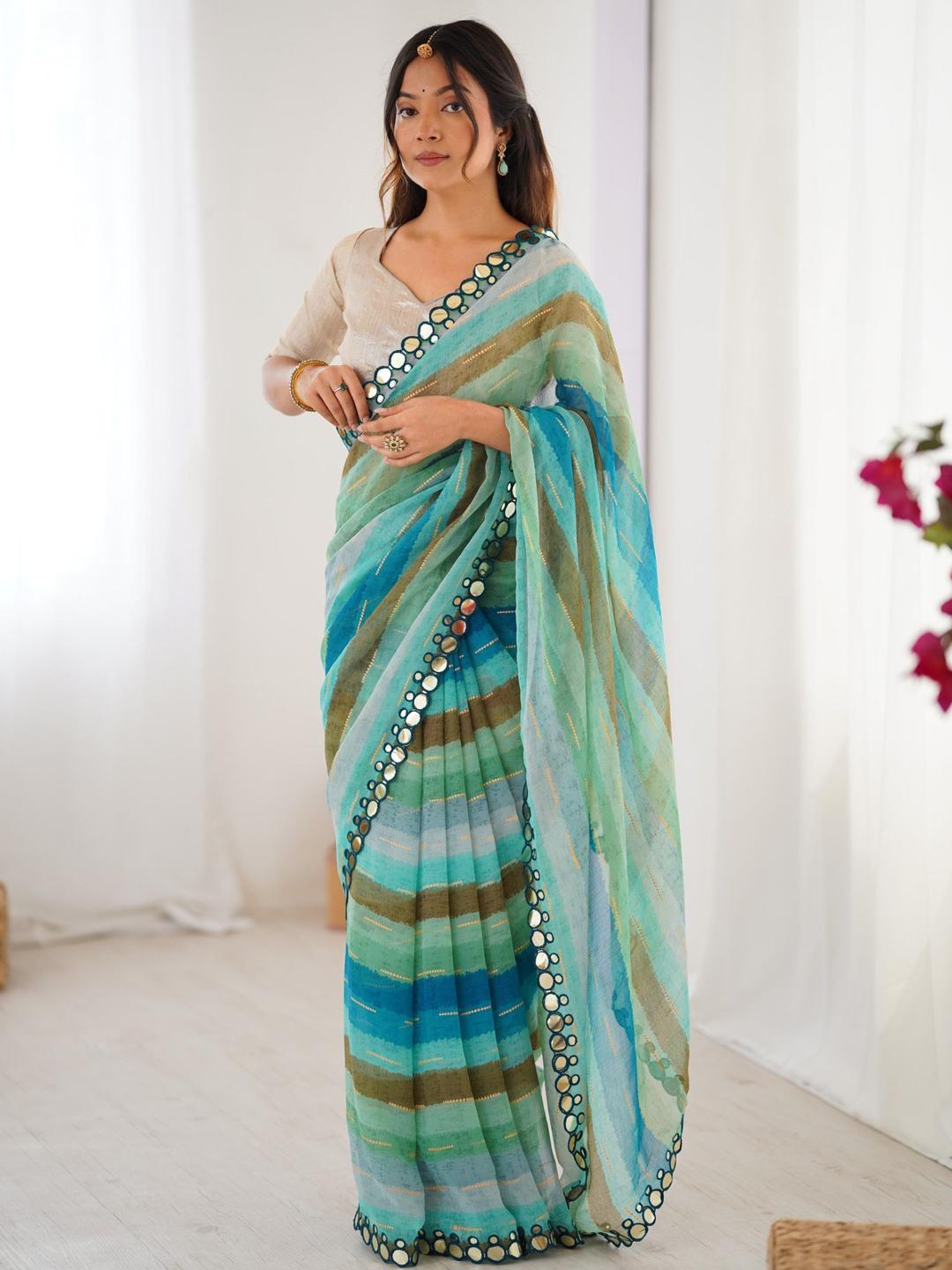 Buy Mitera Leheriya Mirror Work Poly Chiffon Leheriya Saree - Sarees ...