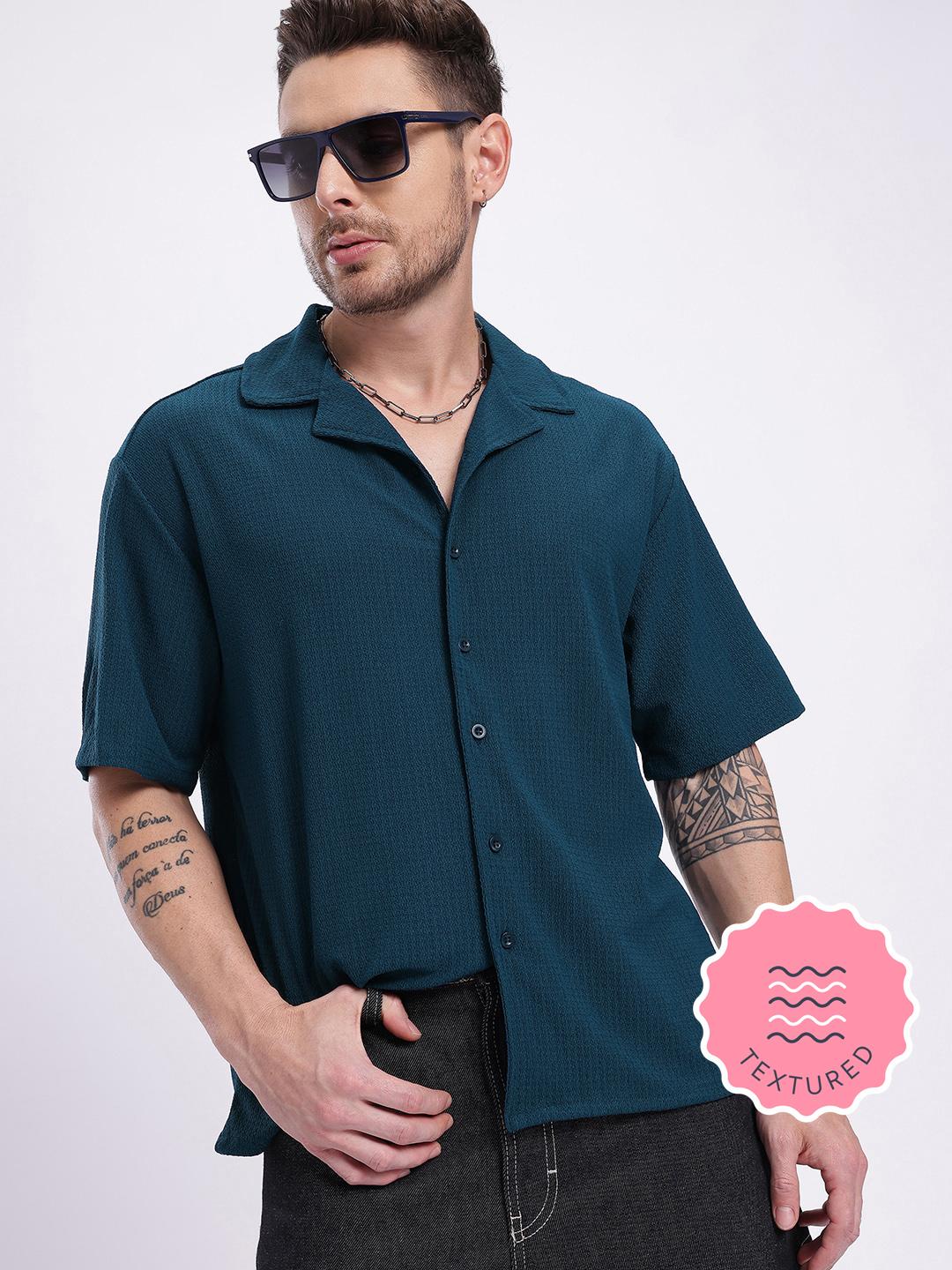 Buy Glitchez Textured Cuban Collar Regular Fit Casual Shirt - Shirts ...
