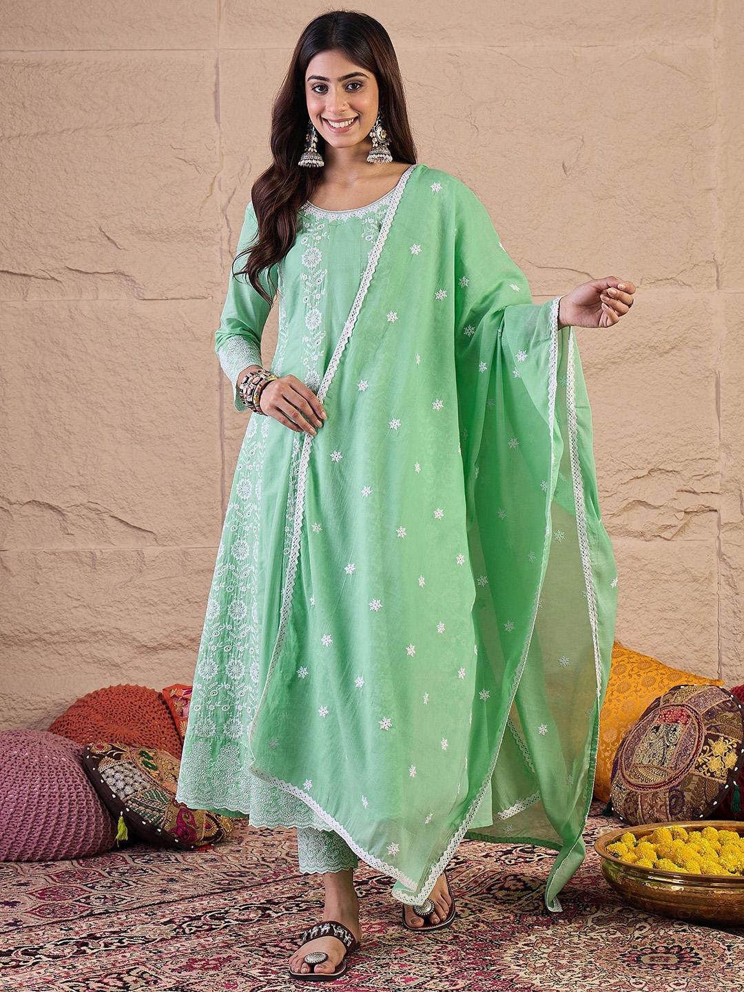 Buy Inddus Women Ethnic Motifs Printed A Line Kurta With Trousers ...
