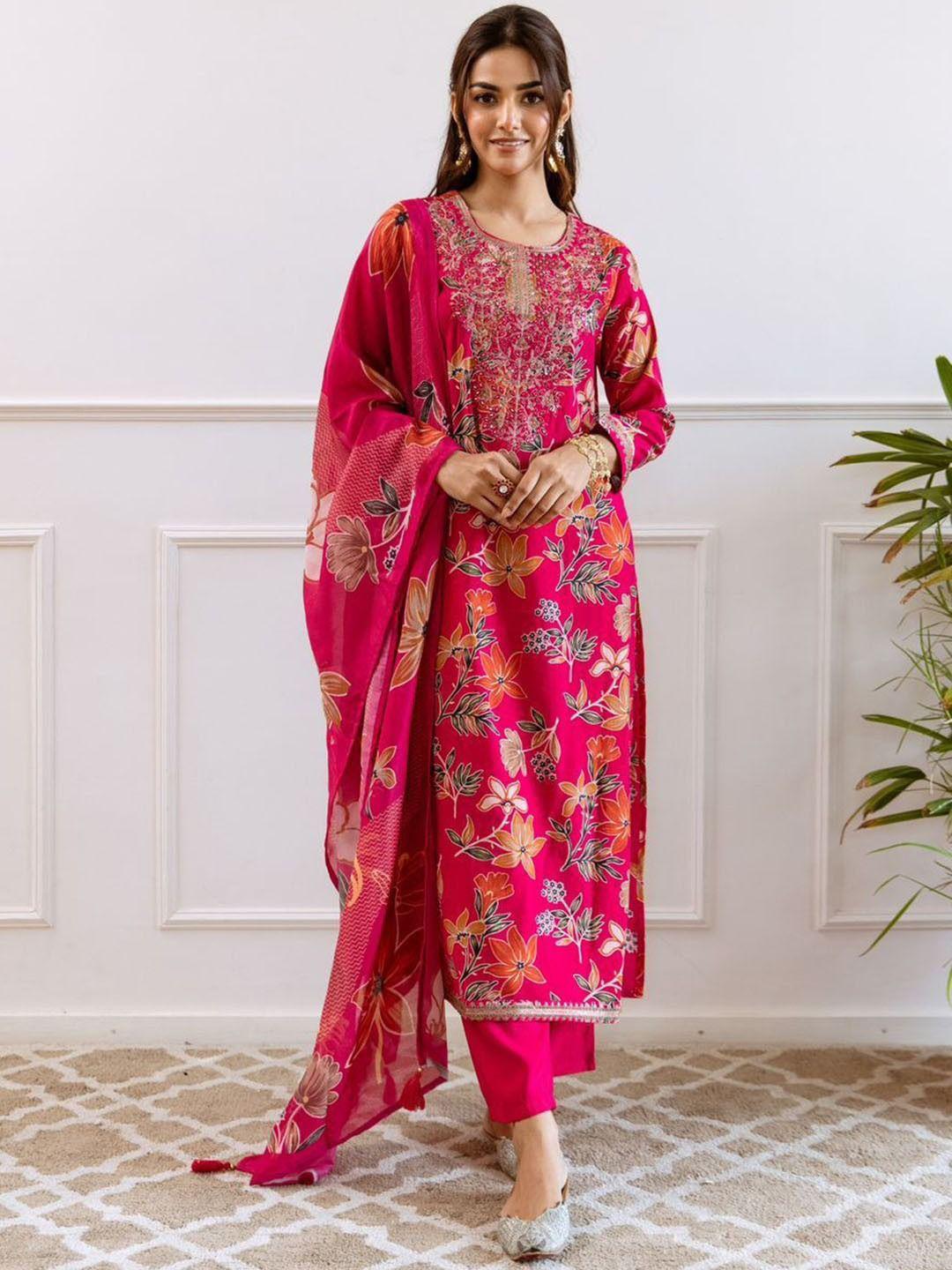 Buy Anouk Printed Round Neck Thread Work Chanderi Silk Straight Kurta ...