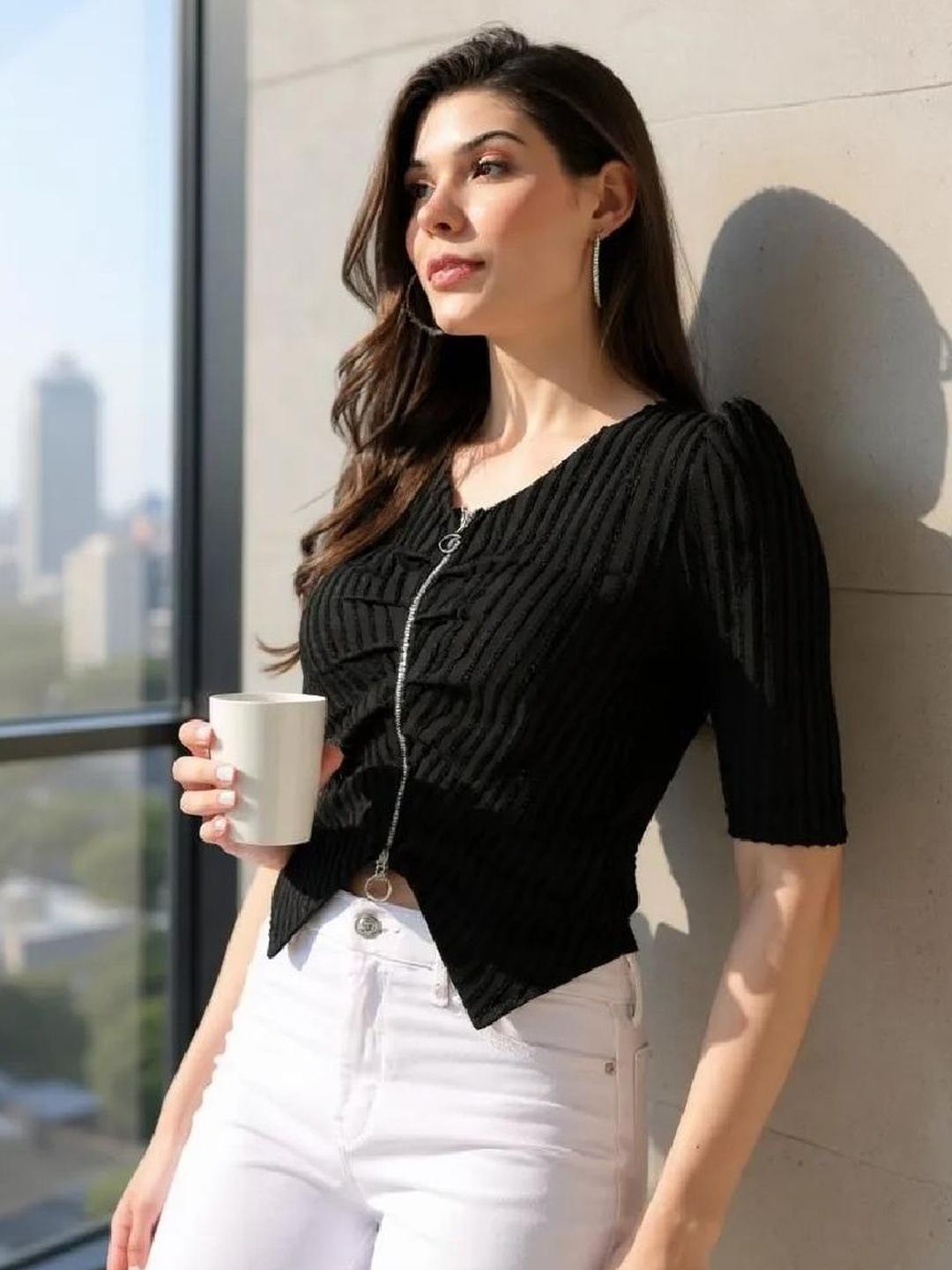 Buy SFOTY Women Textured Fitted With Front Zip Closure Top - Tops for ...