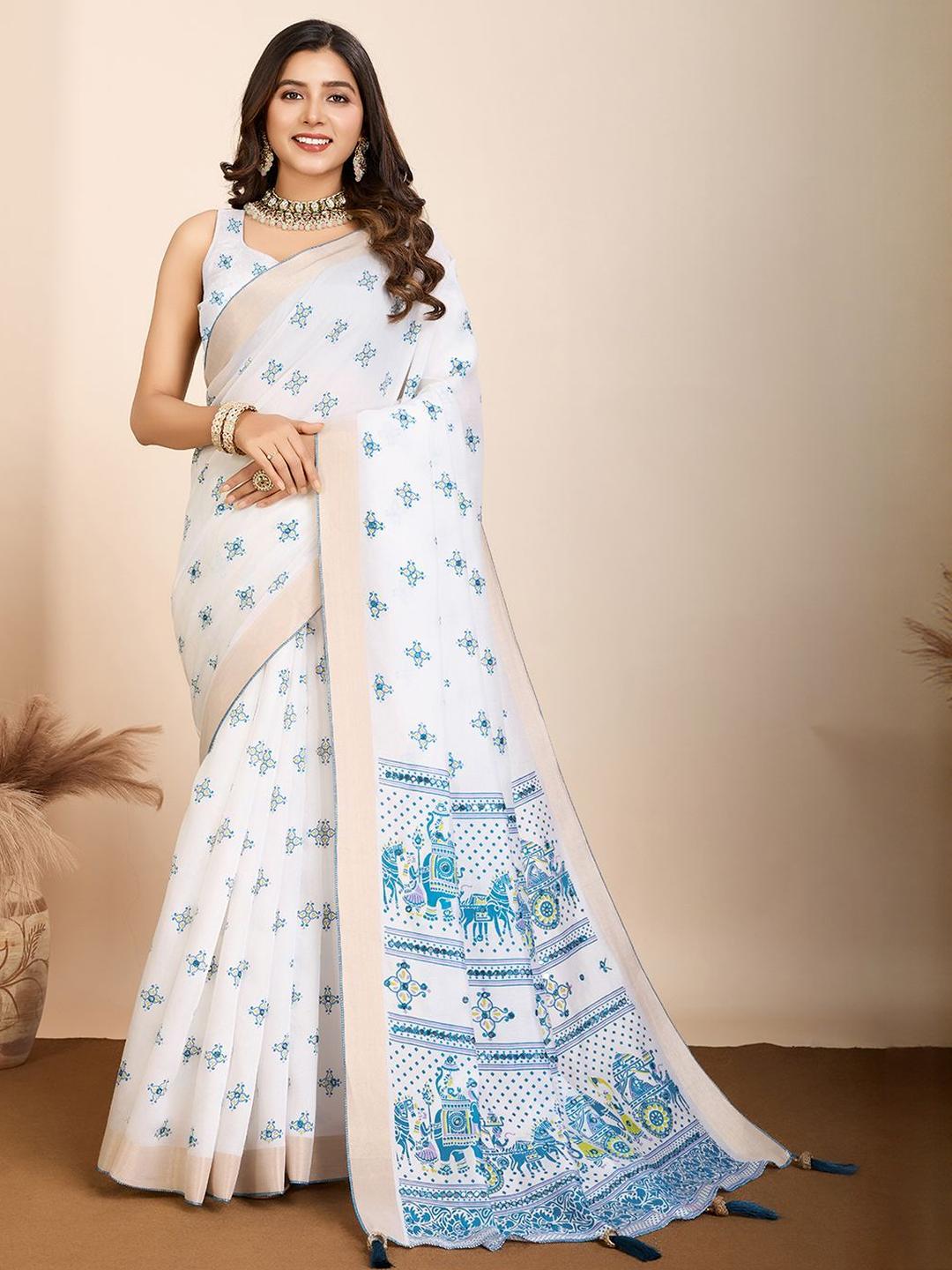 Buy VARNI FABRICS Ikat Printed Cotton Saree With Jari Border Shine ...