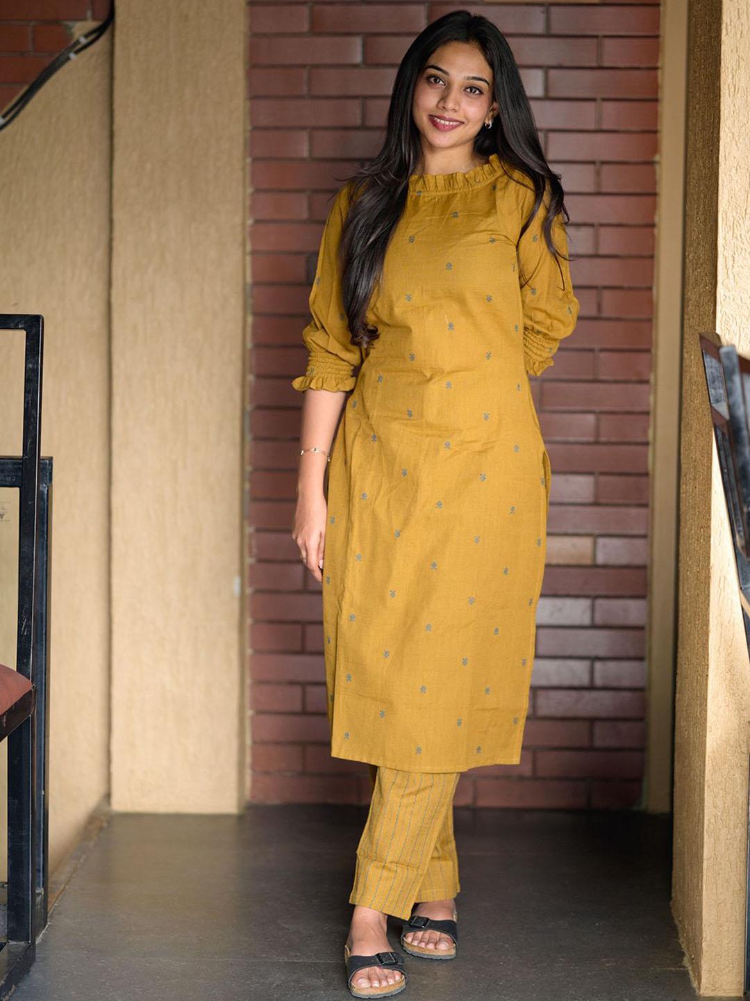 Buy Vastara The Label Women Floral Woven Design Pure Cotton Kurta With ...