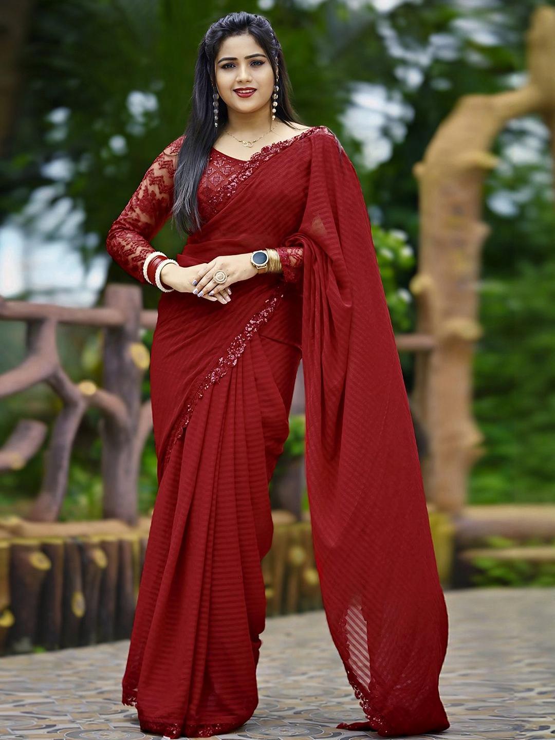 Buy Satrani Striped Pure Georgette Saree With Sequined Border - Sarees ...