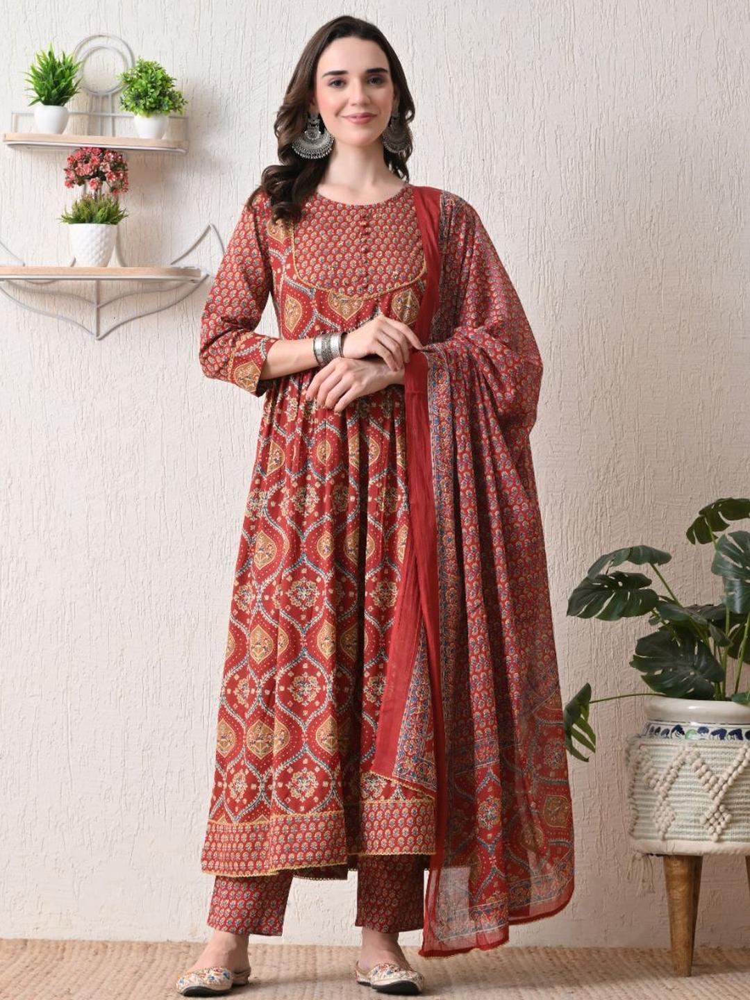 Buy NUNCHII Ethnic Motifs Printed Pure Cotton Kurta With Trousers ...