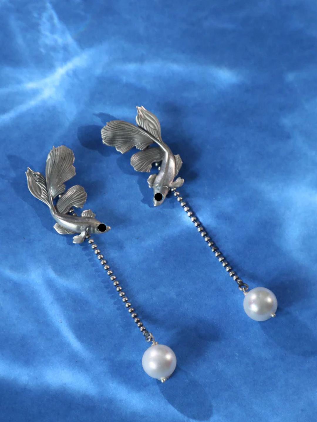 Buy Dulcett Silver Plated Pearls Beaded Fish Shaped Drop Earrings ...