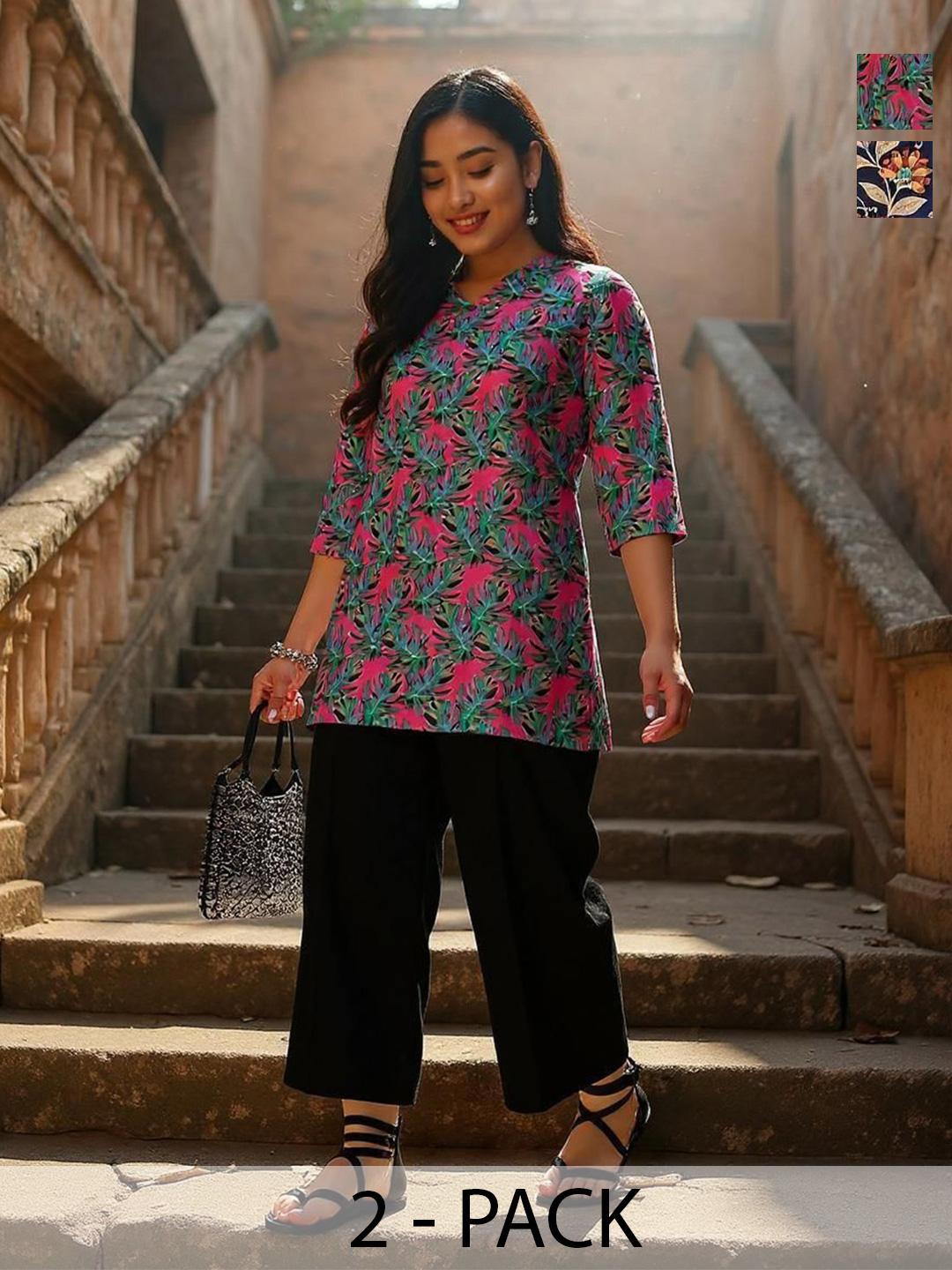 Buy THE FAB FACTORY Pack Of 2 Mandarin Collar Printed Tunic - Tunics ...