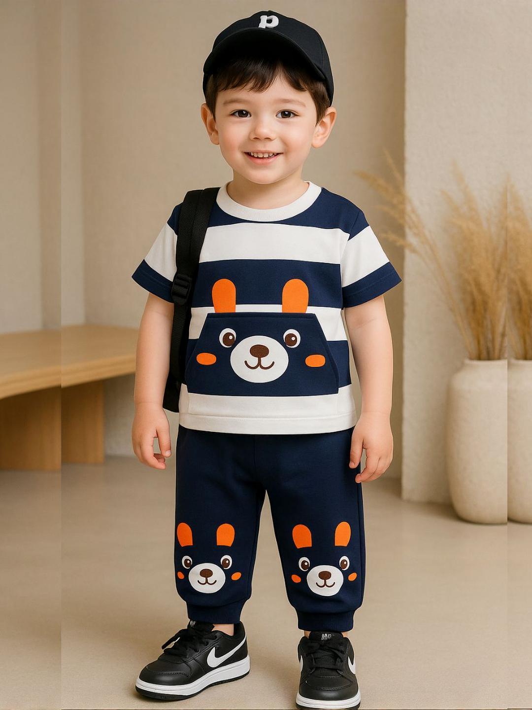 Buy Googo Gaaga Boys Striped Round Neck Pure Cotton T Shirt & Joggers ...