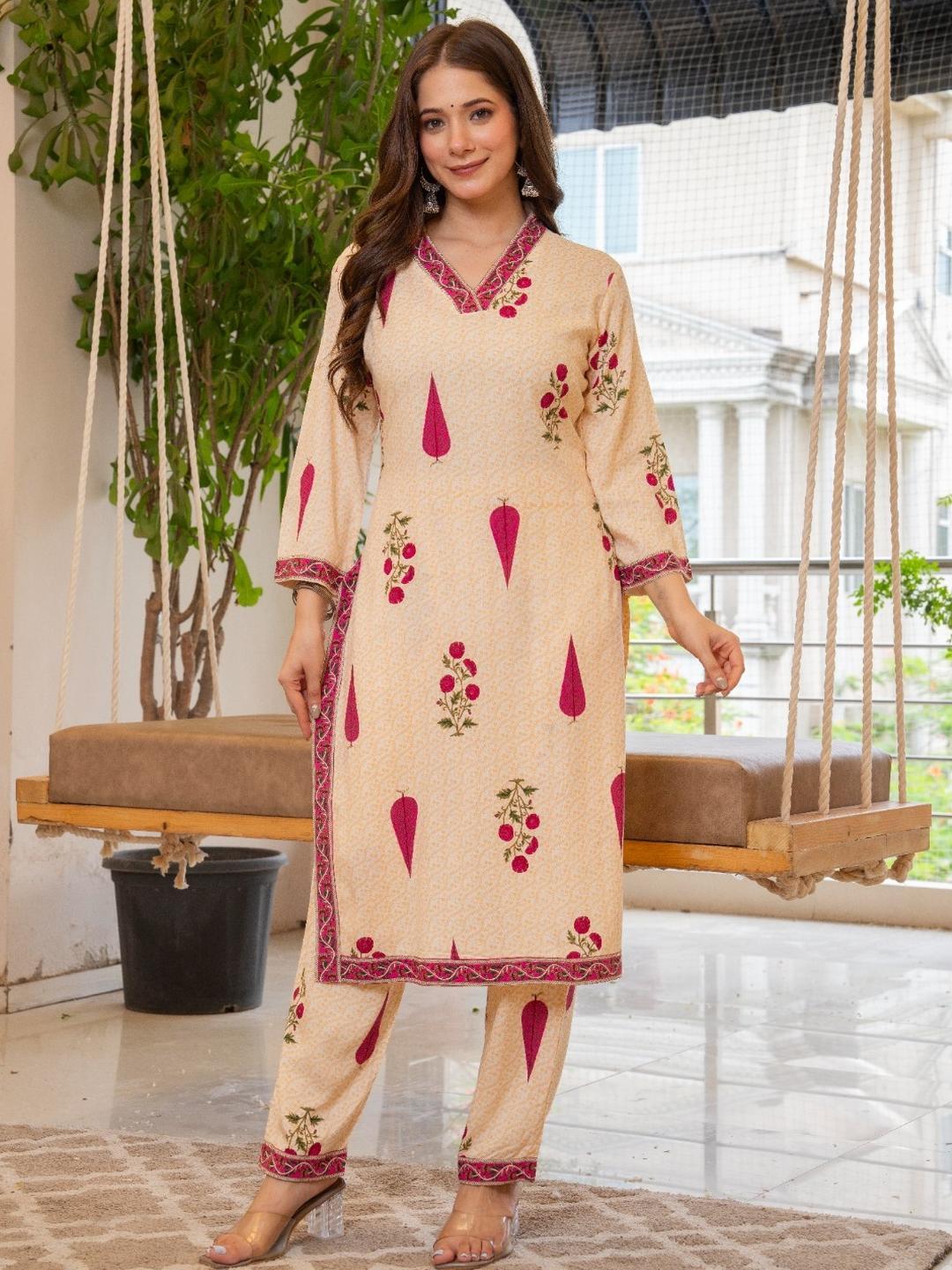 Buy KJFAB Women Floral Printed Regular Pure Cotton Kurta & Trousers ...