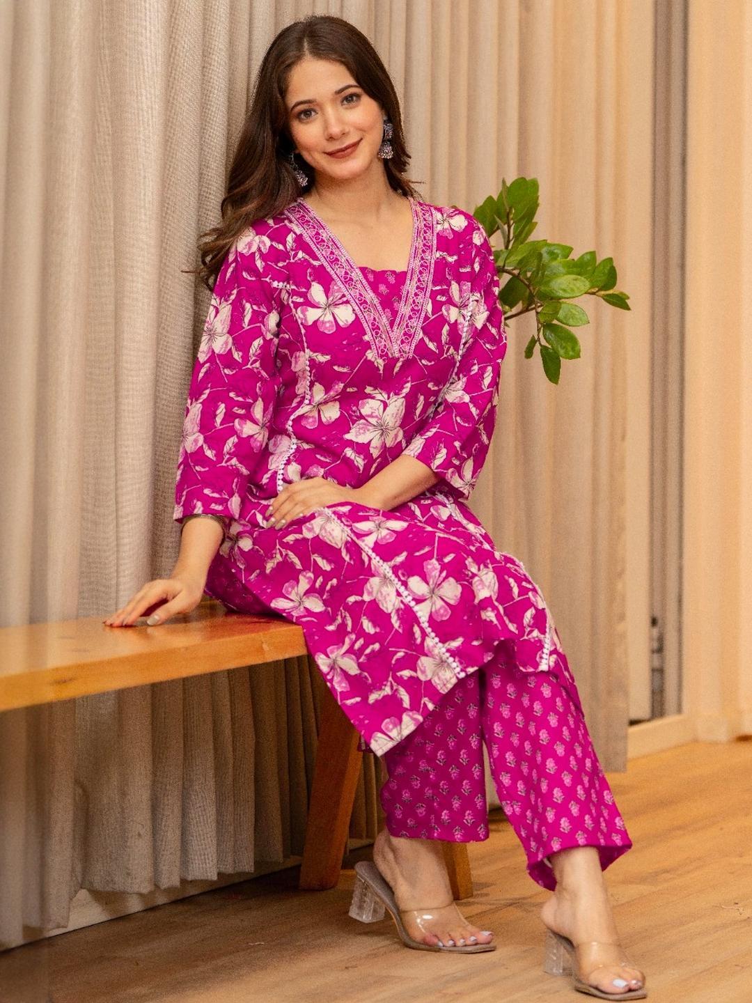Buy KJFAB Pink Floral Printed Regular Pure Cotton Kurta With Trousers ...