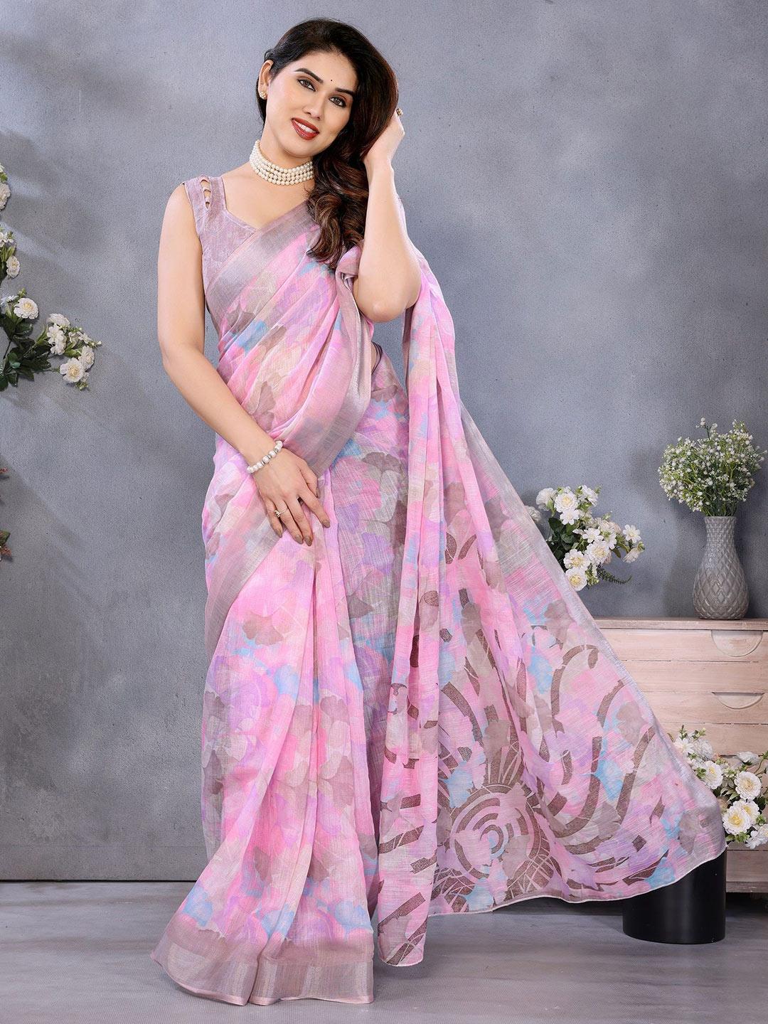 Buy ROOP SUNDARI SAREES Floral Printed Zari Pure Linen Saree - Sarees ...