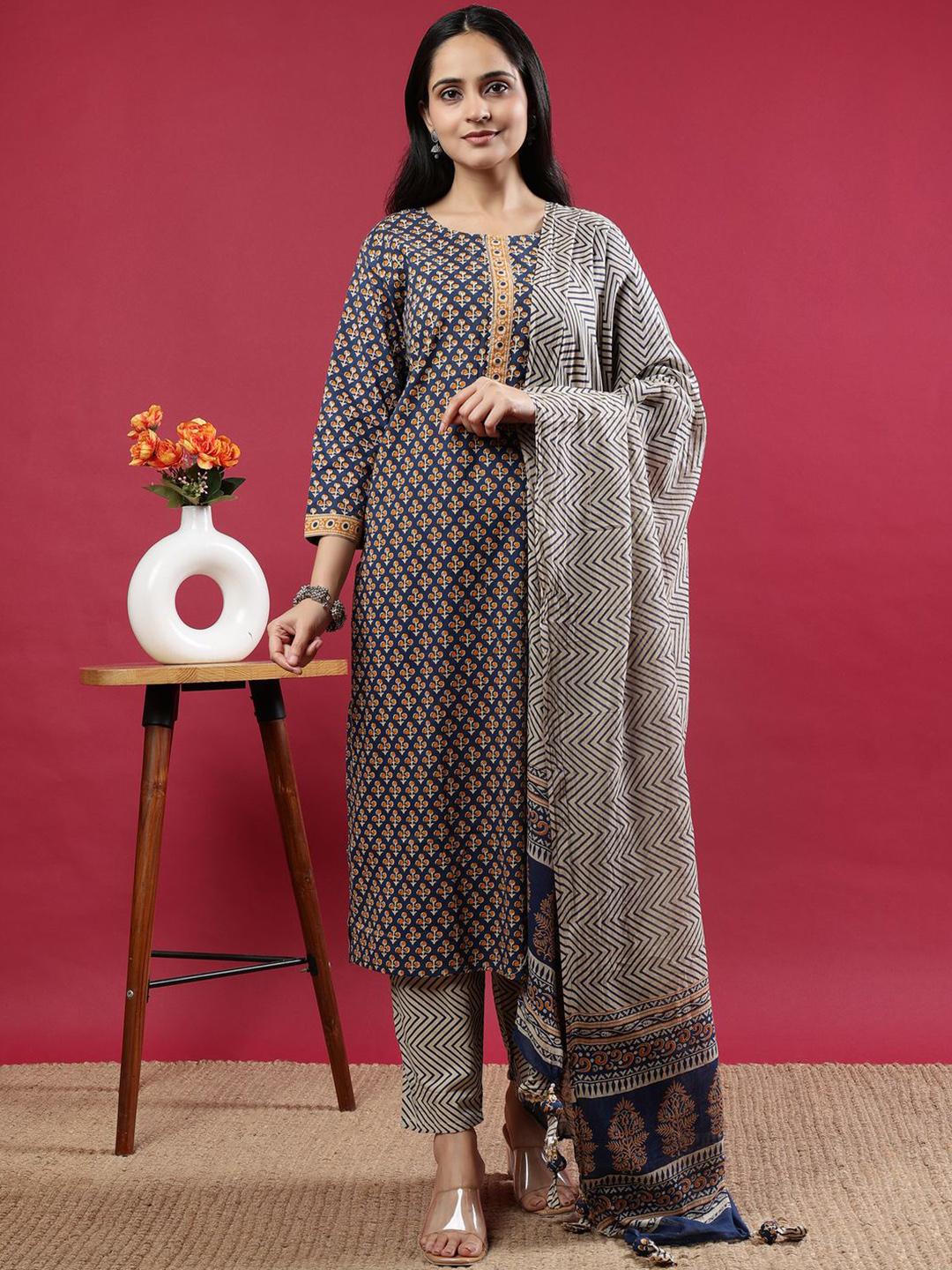Buy Polyglot Women Printed Regular Kurta With Trousers & Dupatta ...