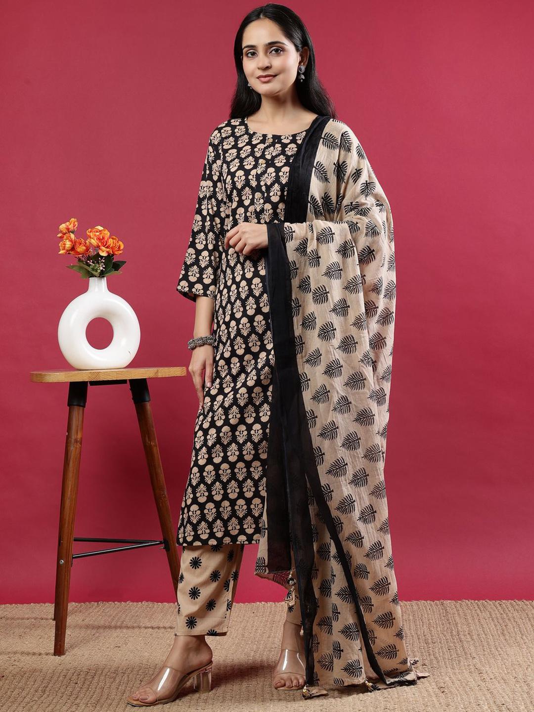 Buy Polyglot Women Floral Printed Straight Kurta With Trouser & Dupatta ...