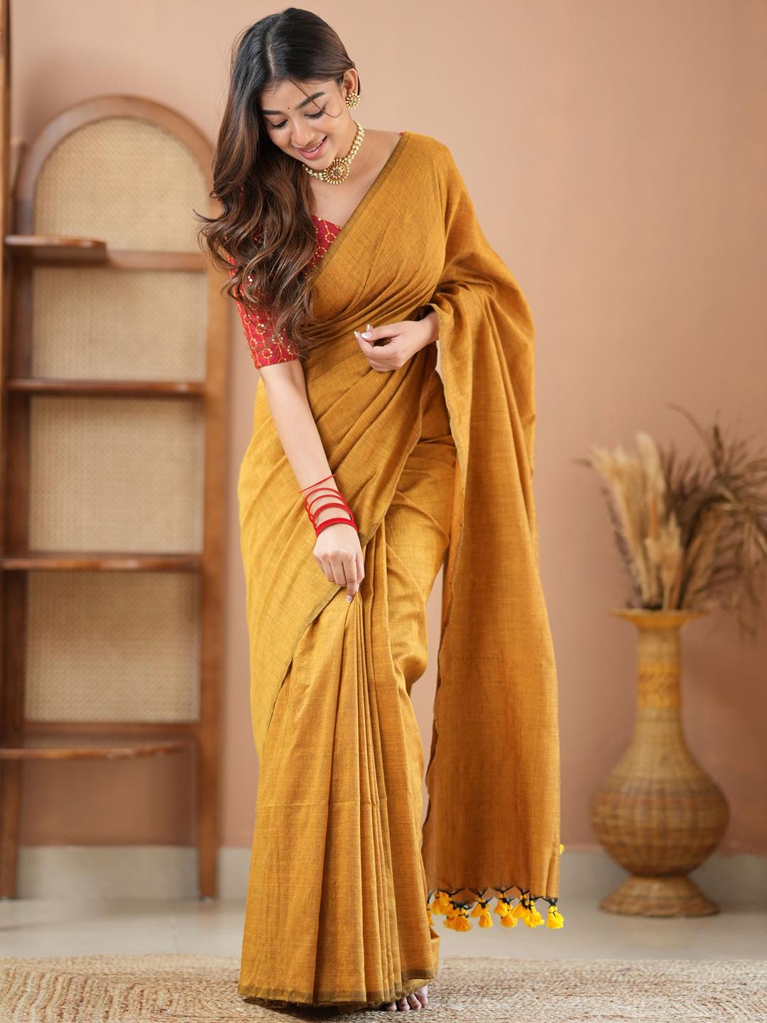 Buy RAAG VARNAM Mustrad Cotton Saree With Designer Blouse - Sarees for ...