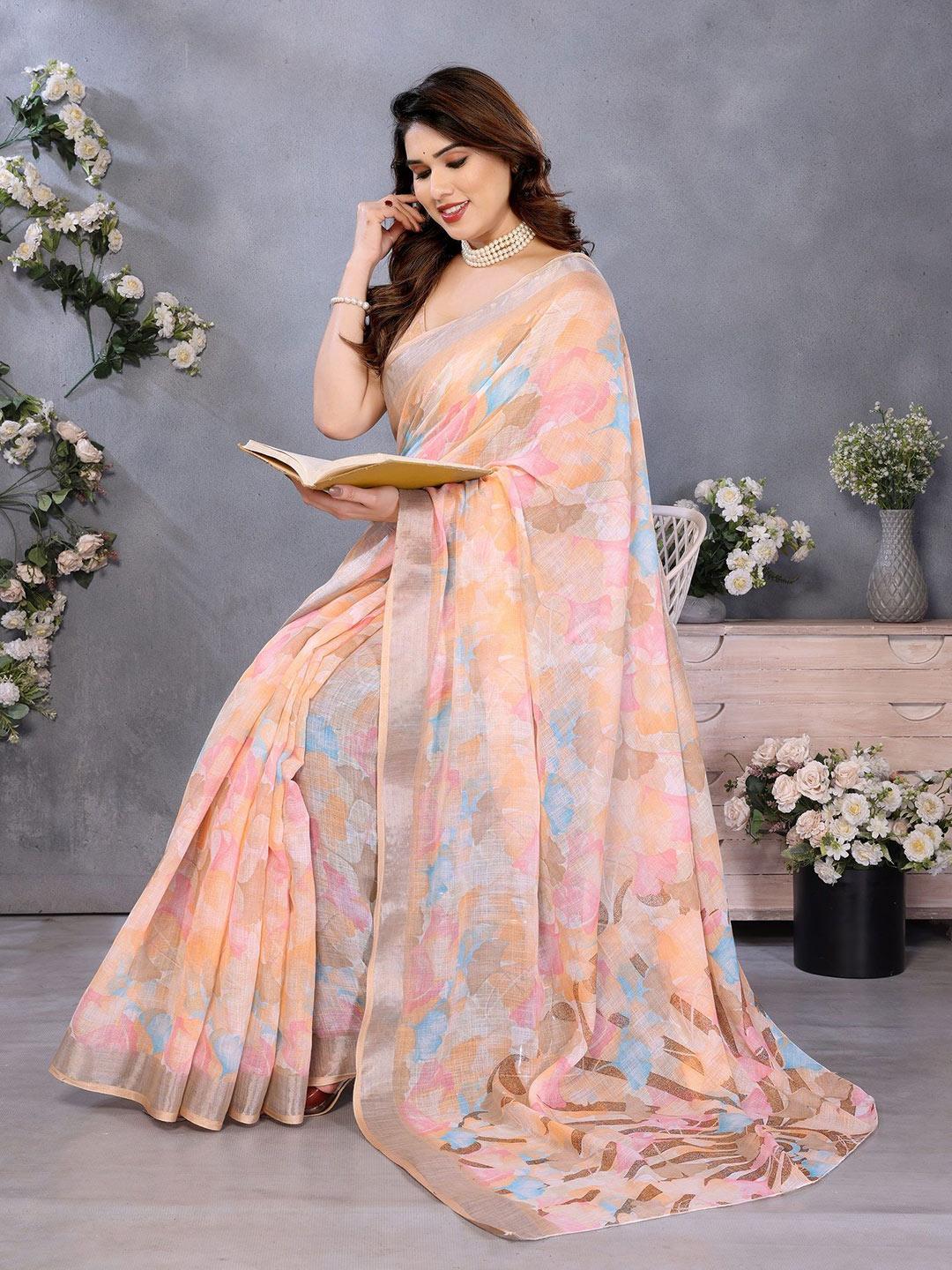 Buy ROOP SUNDARI SAREES Floral Zari Pure Linen Saree - Sarees for Women ...
