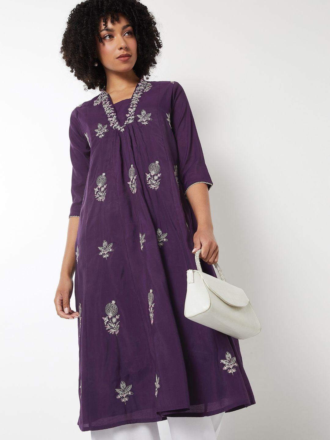 Buy Max Floral Embroidered Thread Work Square Neck Anarkali Cotton ...