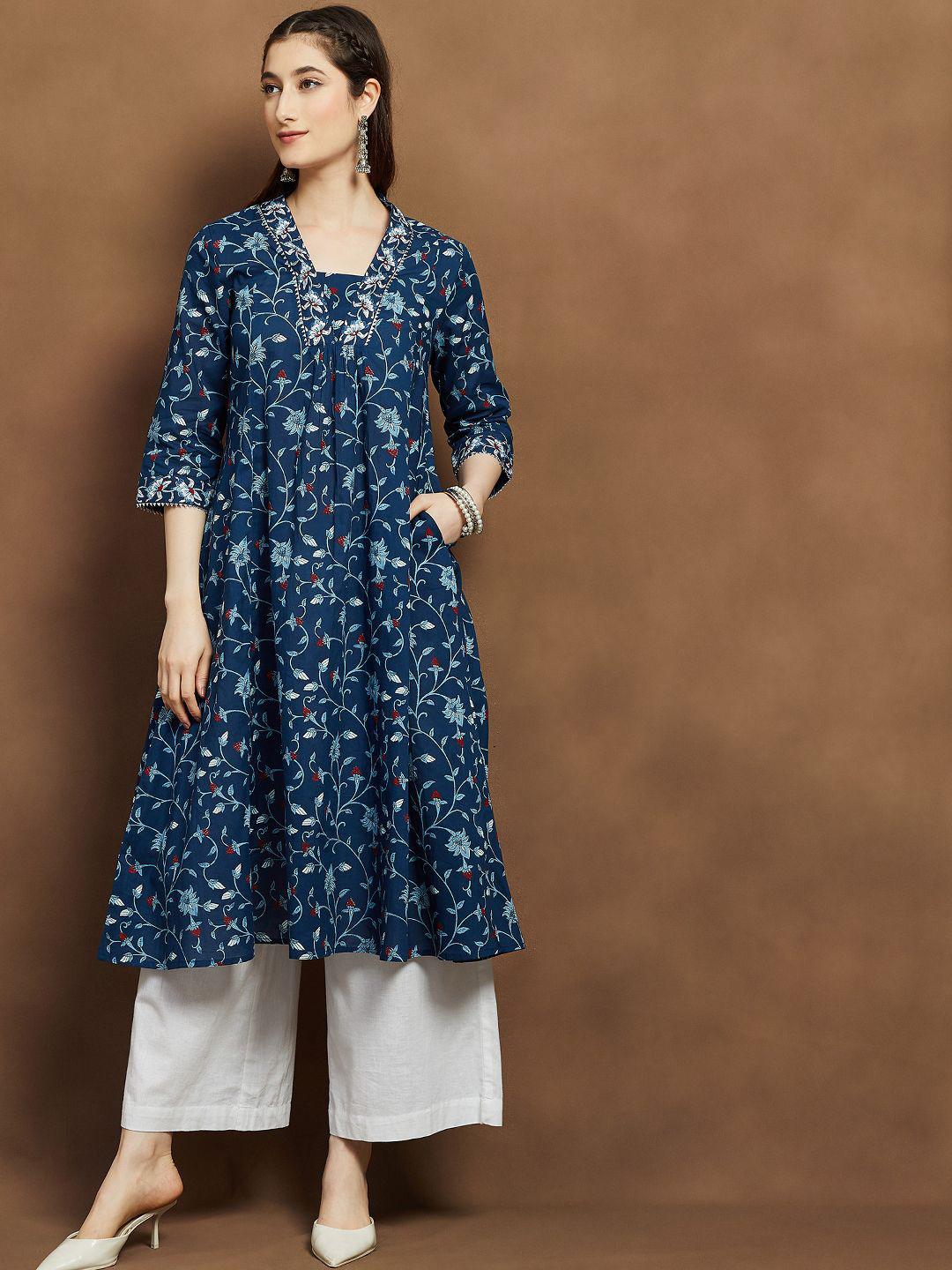Buy Melange By Lifestyle Floral Printed Thread Work Square Neck Pure ...