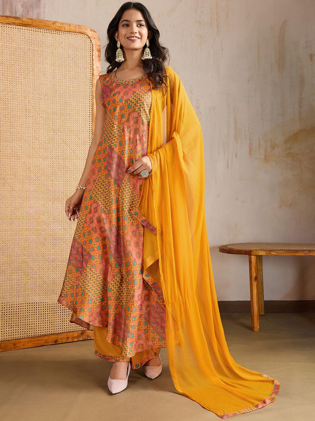 Buy Inddus Women Ethnic Motifs Printed Regular Beads And Stones Kurta ...