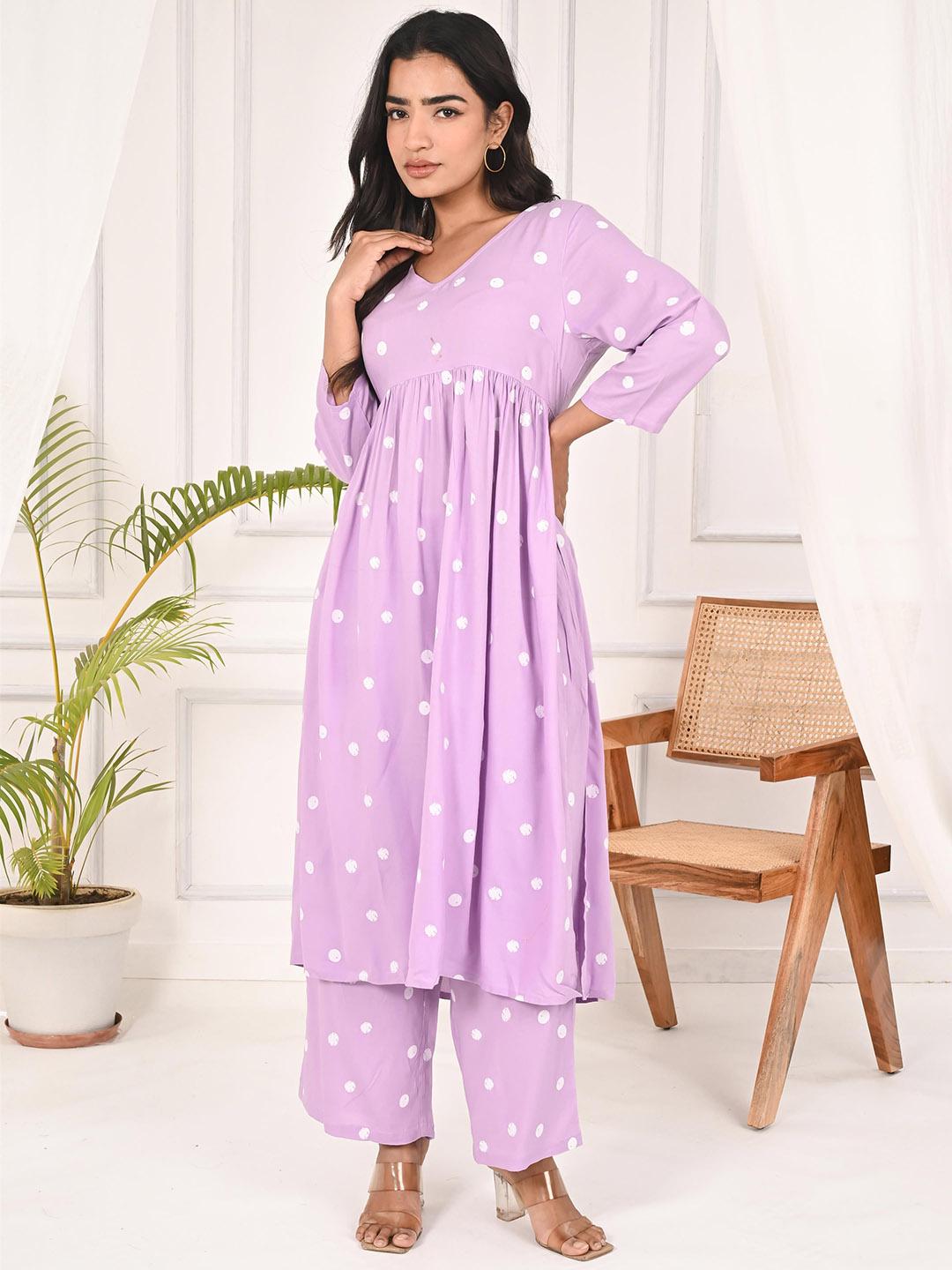 Buy INDULI Polka Dot Printed Alia Cut Round Neck Kurta With Palazzos ...