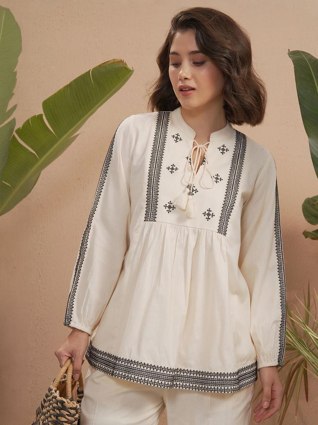 Buy Vara By Vishudh Women Geometric Embroidered Mandarin Collar Top ...