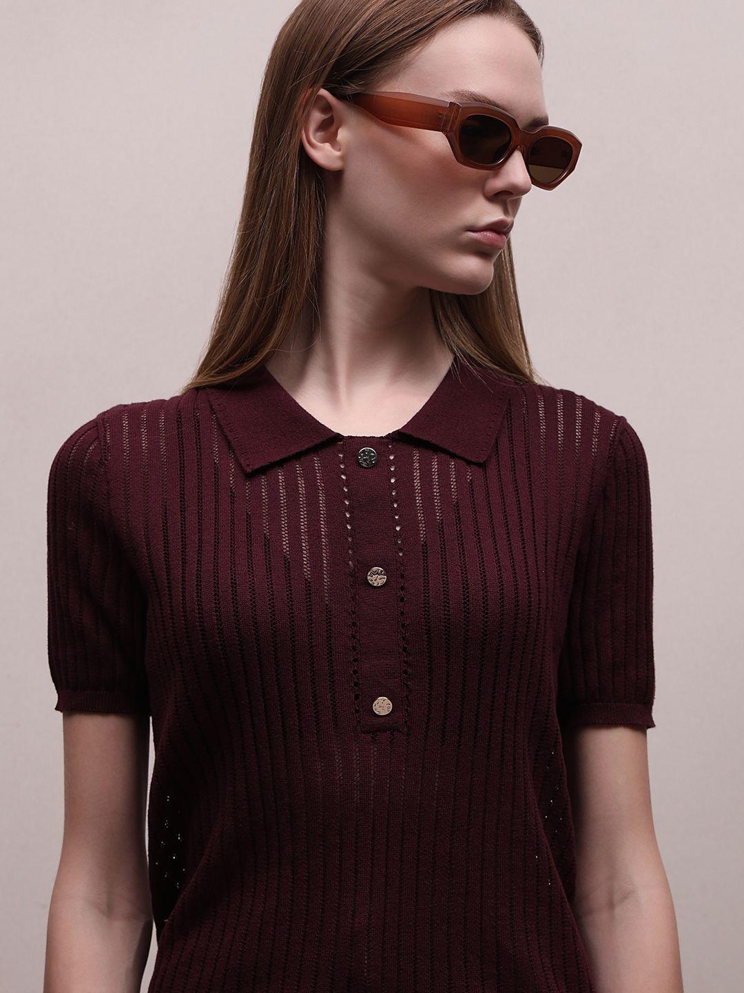 Buy Vero Moda Wave Women Ribbed Shirt Collar Sheer Top - Tops for Women ...