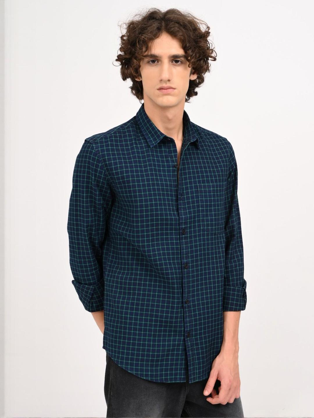 Buy Blu MNKY Classic Slim Fit Checked Spread Collar Long Sleeves Pure ...